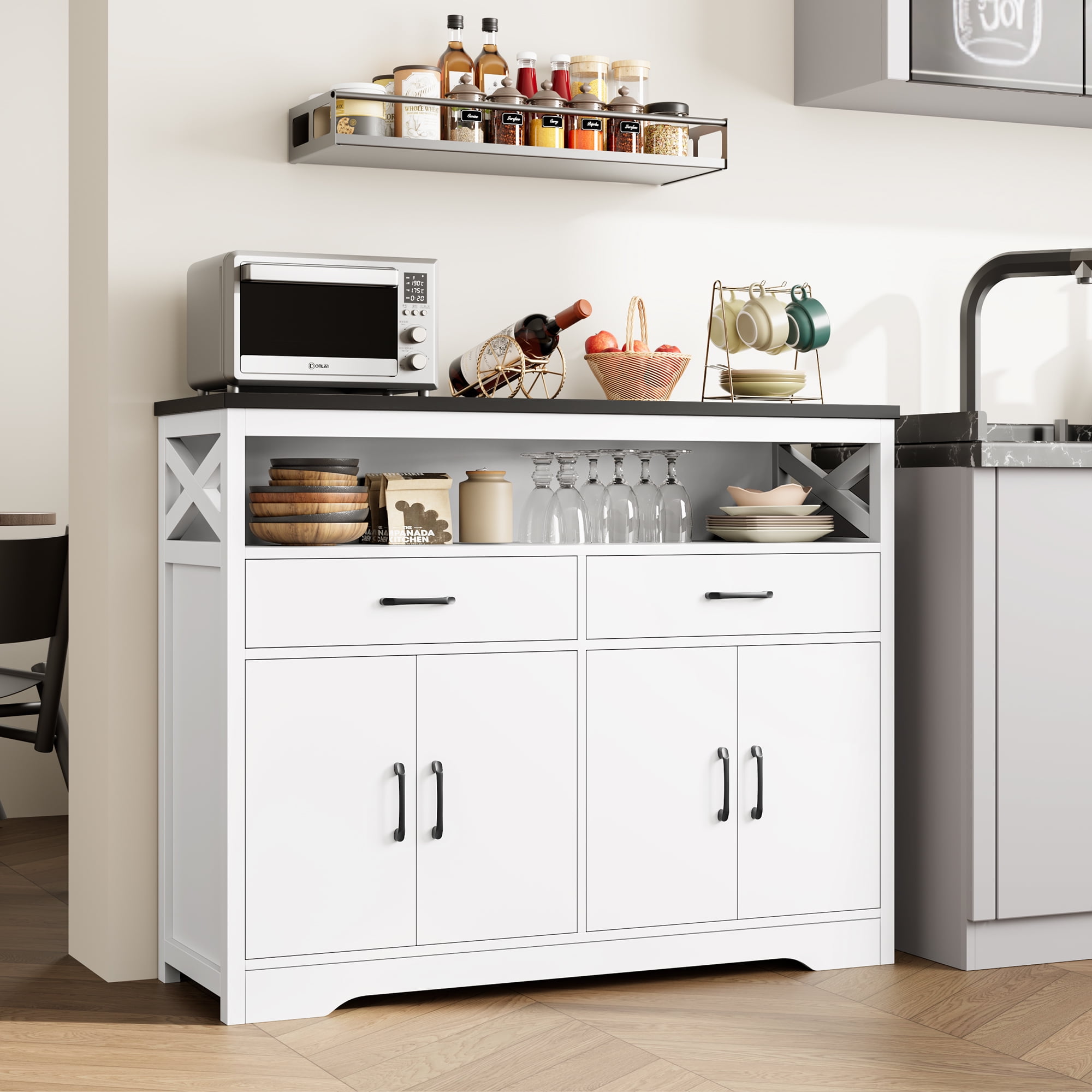 Homfa 47.2''W Kitchen Sideboard Buffet Cabinet with 2 Drawers & Open ...