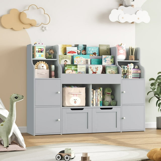 Homfa 4 Doors Kids Bookcase with 3 Tier Book Racks & 2 Mobile Drawers ...