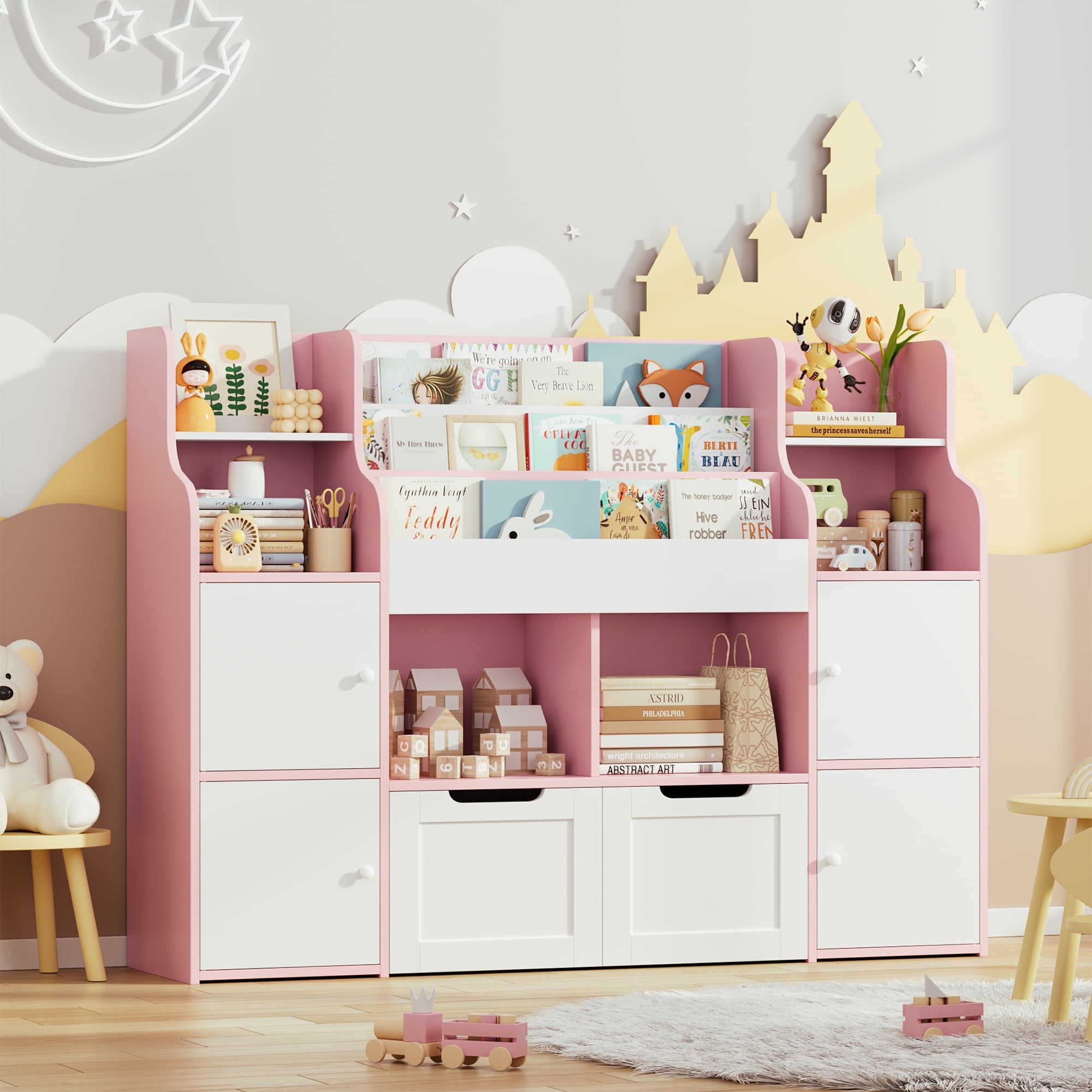 Homfa 4 Doors Kids Bookcase with 3 Tier Book Racks & 2 Mobile Drawers ...