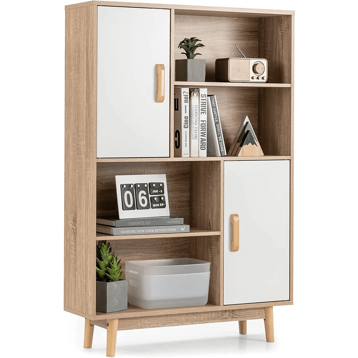 Homfa 4-Tier Wooden Bookcase with Closed Shelves and Doors, Oak and ...