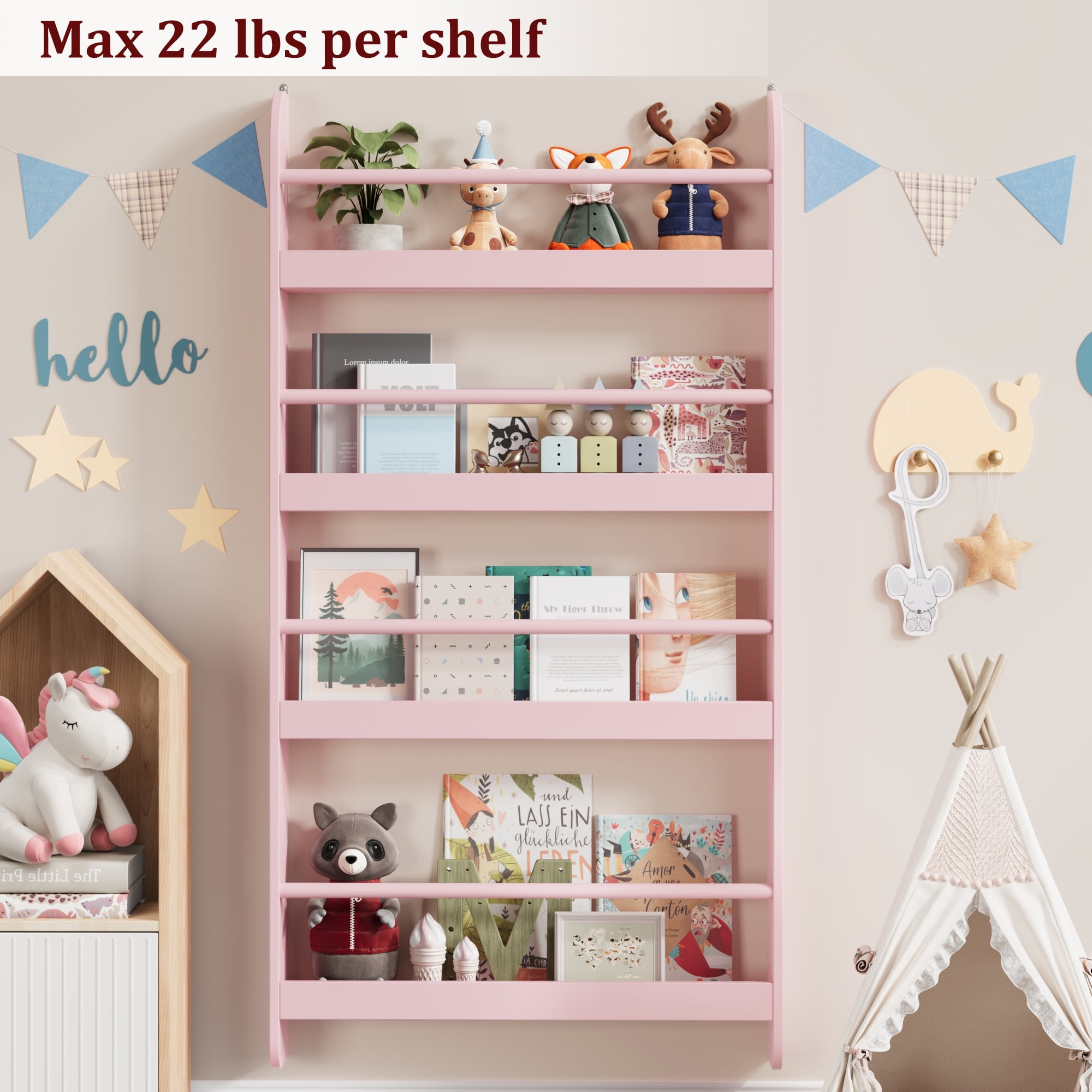 Homfa 4-Tier Wall Bookshelf, 43.7"H Wall-Mounted Kids Bookshelf, Book ...