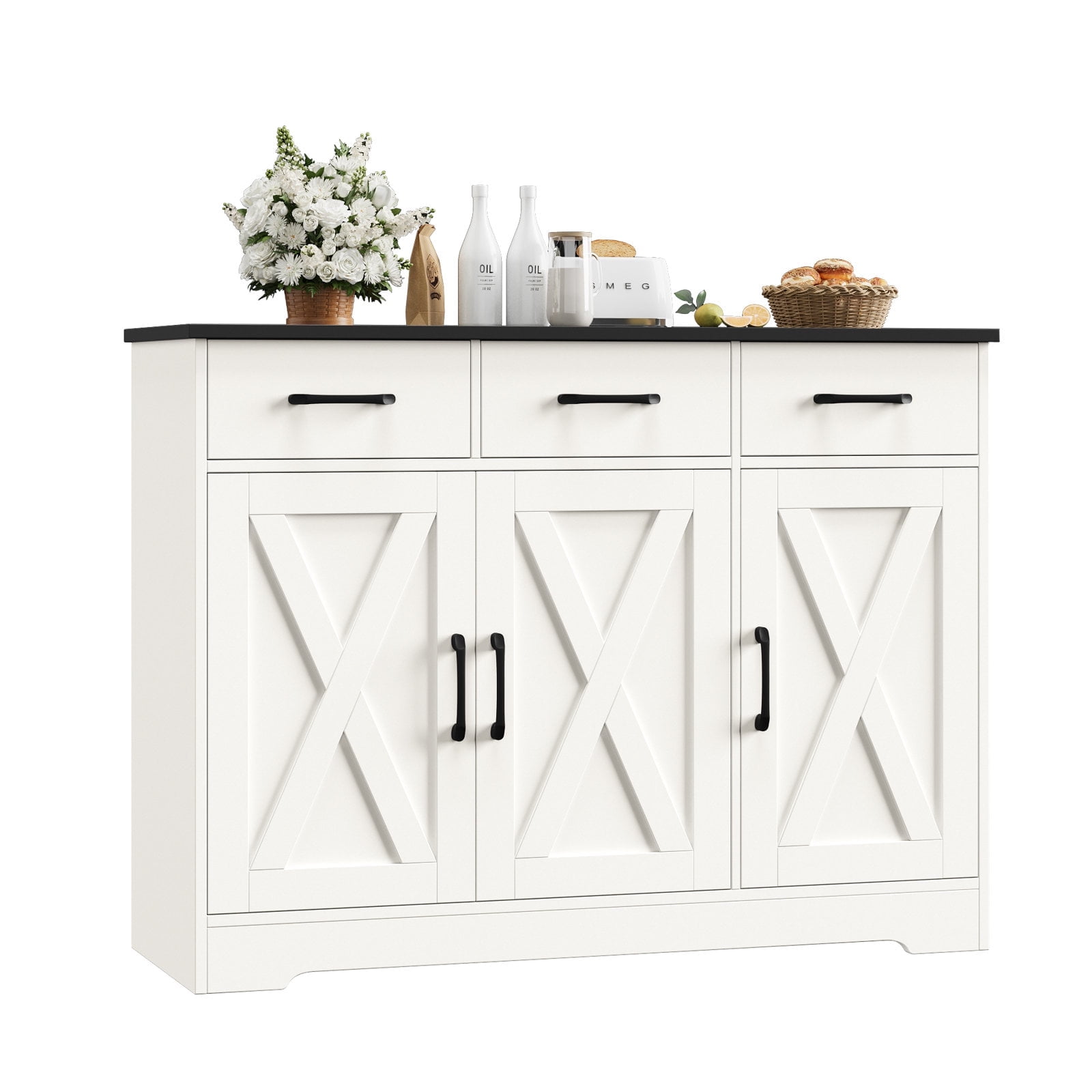 Homfa 42.5”W Farmhouse Kitchen Sideboard, 3 Drawers Storage, Adjustable Shelf, Black/White ...