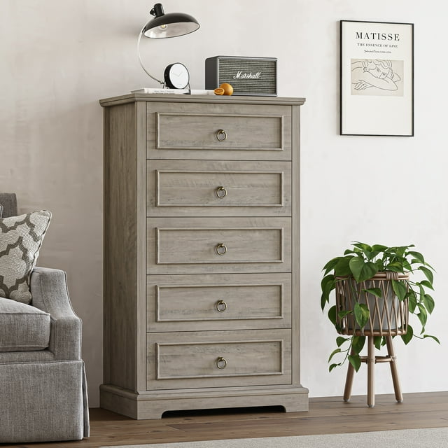 Homfa Big Vertical Wood 5 Drawer Tall Dresser, Assembled Storage ...