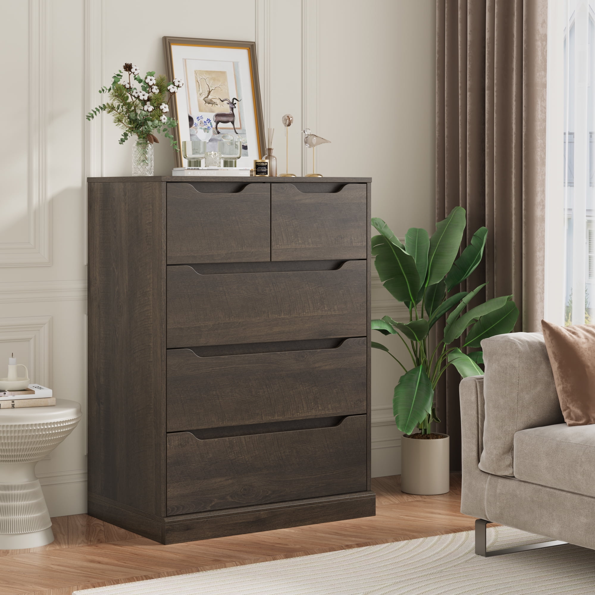 Homfa 5 Drawer Tall Bedroom Dresser, Storage Nightstand with Cutout ...