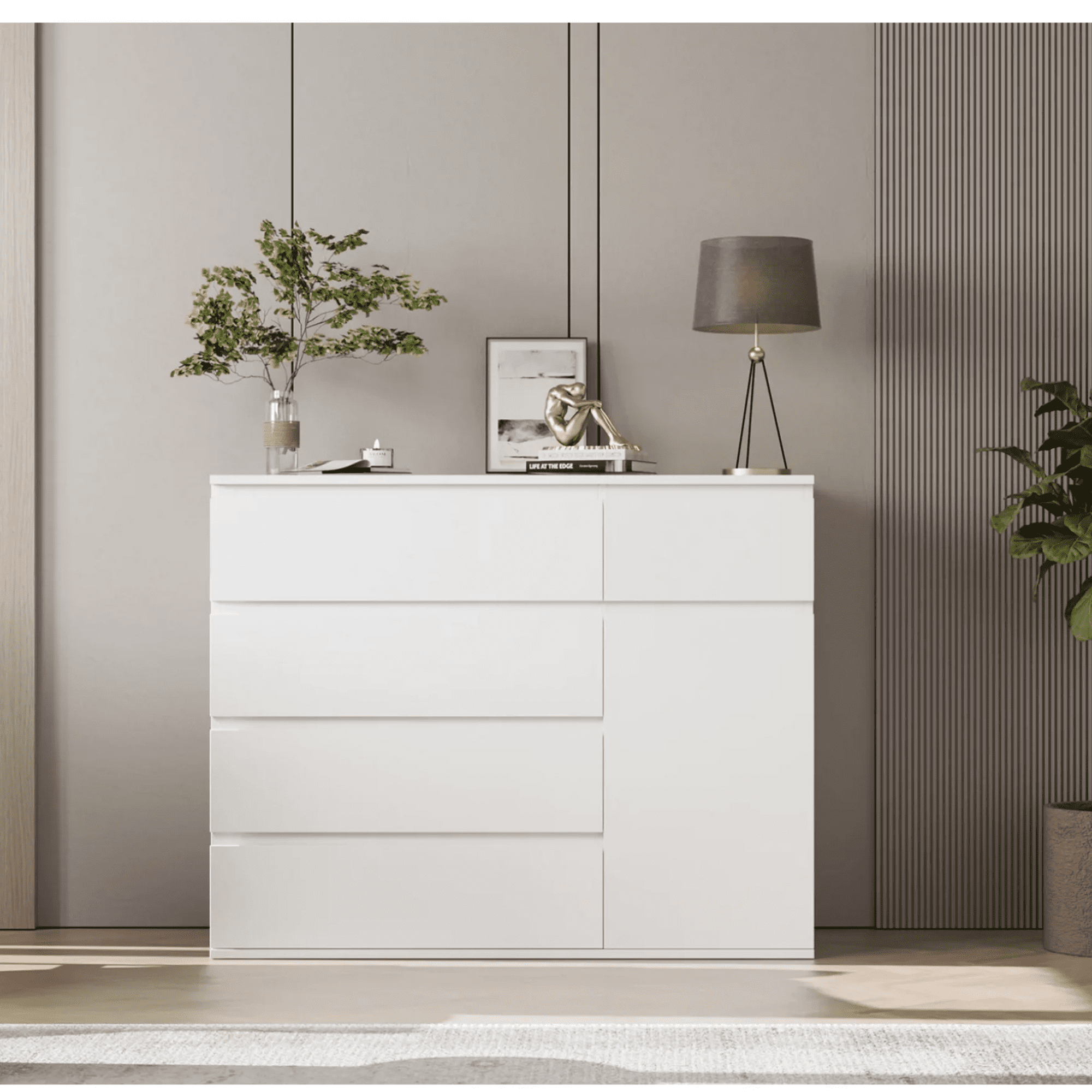 Homfa 5 Drawer White Dresser with Door, Modern Accent Storage Cabinet ...
