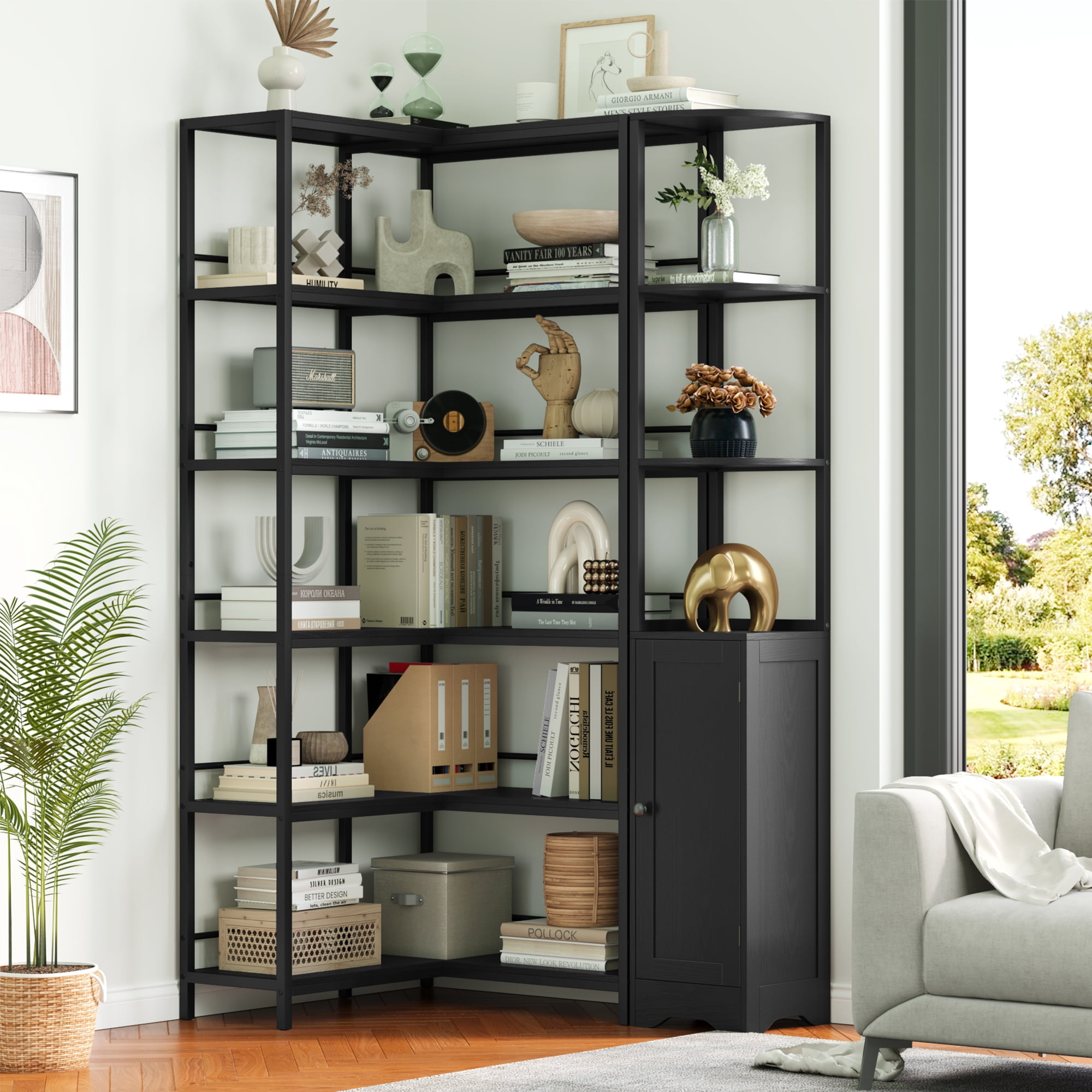 Homfa 5-Tiers L-Shaped Bookshelf Storage Organizer with Corner Bookcase ...