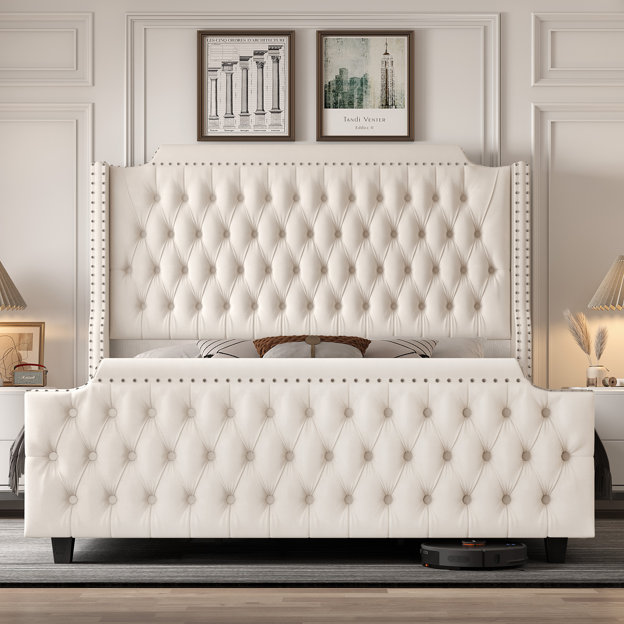 Homfa Queen Size Bed 543” Tall Modern Velvet Tufted Upholstered