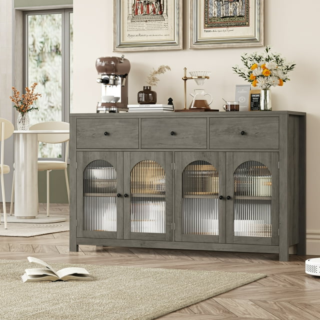 Homfa 55'' Large Sideboard Buffet Cabinet, Kitchen Storage Cabinet with 3 Drawers and 4 Glass ...