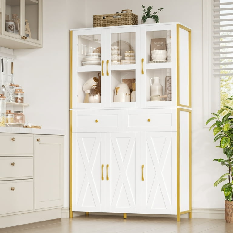 Homfa 6 Doors Large Kitchen Pantry with 2 Drawers Adjustable Shelves Farmhouse Wood Cupboard Storage Cabinet with Metal Frame Glass Doors White