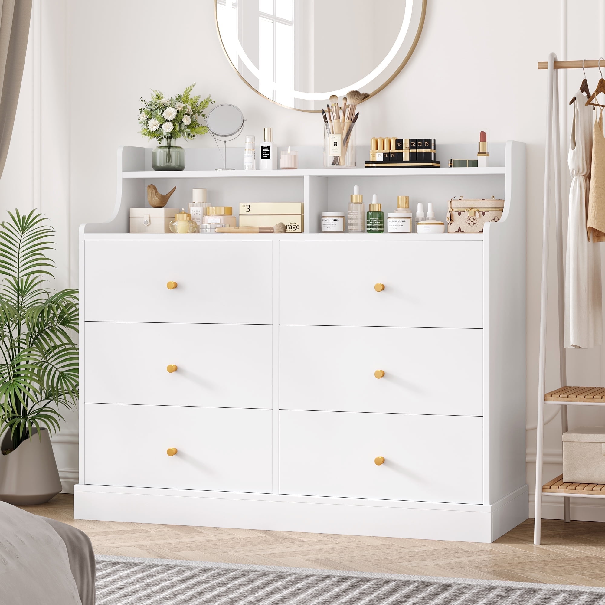 Free Shipping! Homfa 6 Drawer Double White Dresser with Hutch, Modern ...