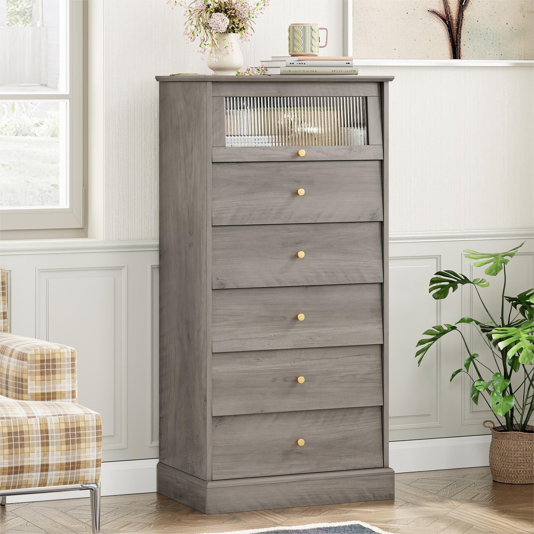 Homfa Tall 6 Drawer Modern Farmhouse Dresser, Gray Wood Organizer for ...