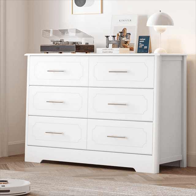 Homfa 6-Drawer Dresser, Minimalist White Chest with Silver Handles ...