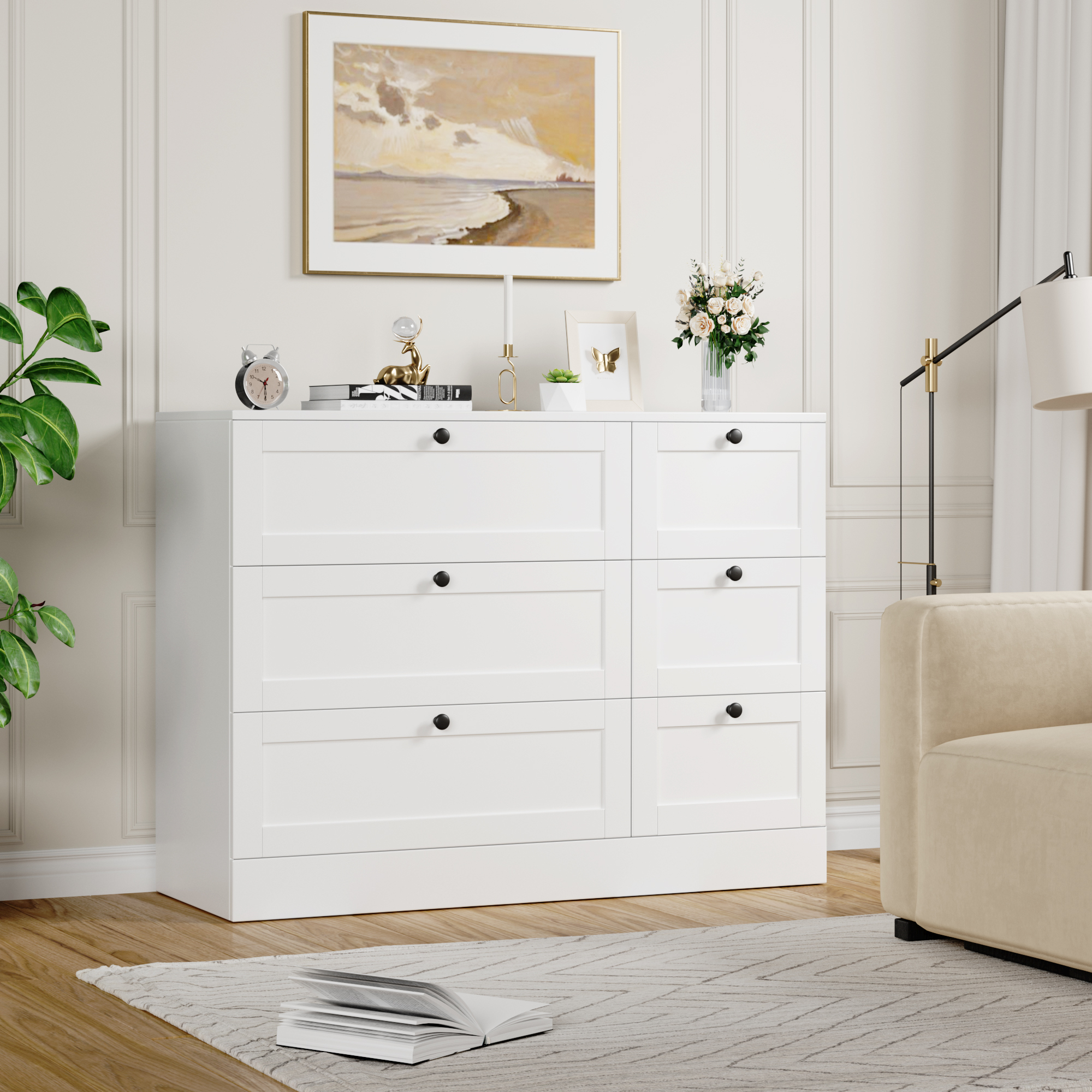 Elm Solid Wood 6-Drawer Double Dresser Chest Storage, Antique White ...