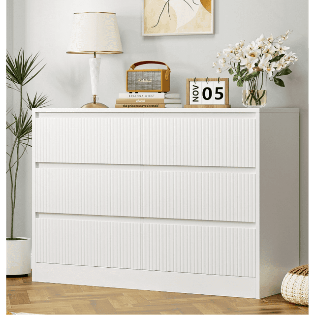 Homfa 6 Drawer White Double Dresser for Bedroom, Wave Panel Wood ...