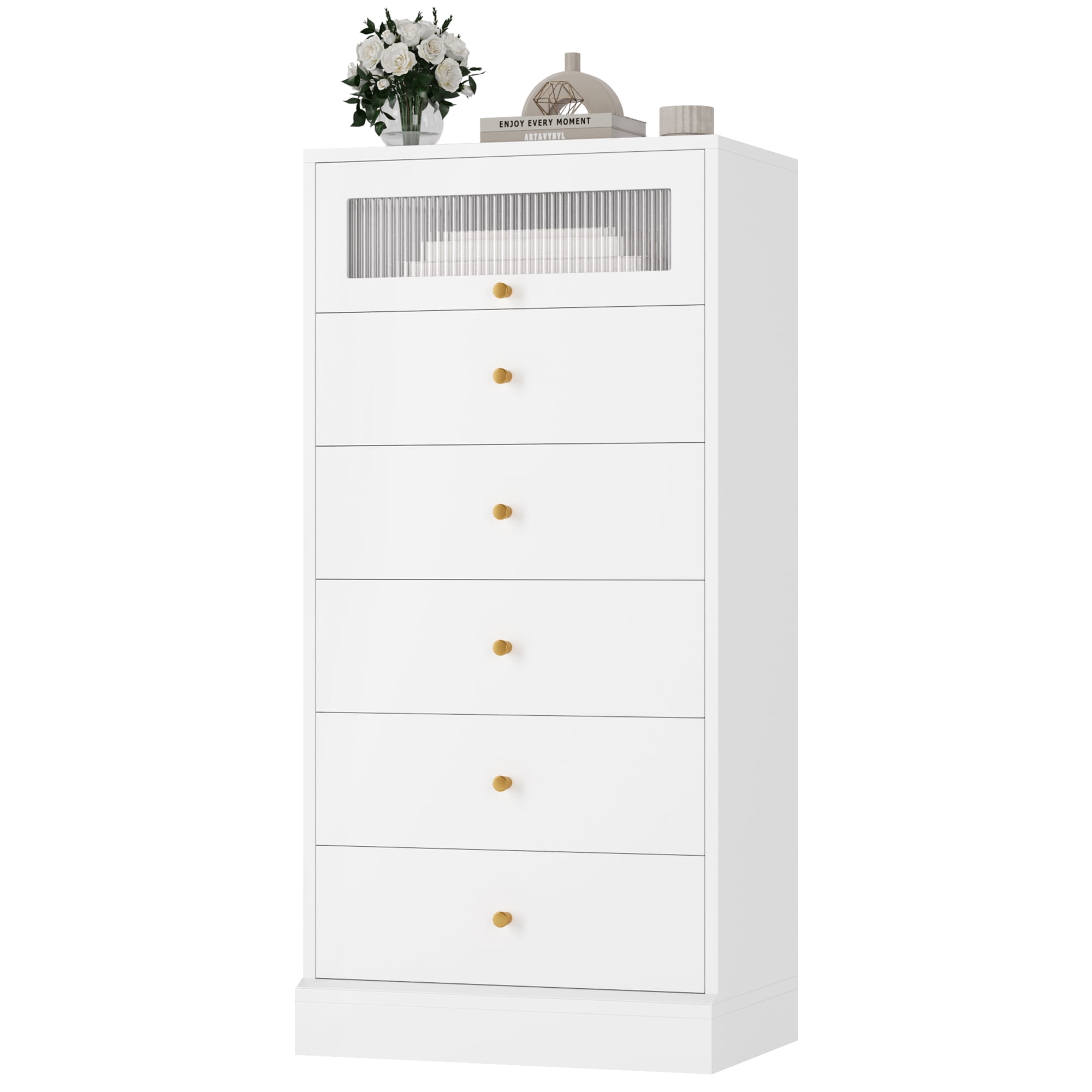 Homfa 6 Drawer White Gold Dresser, 51.4" Tall Chest of Drawers with ...