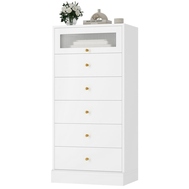 Homfa 6 Drawer White Gold Dresser 51.4 Tall Chest of Drawers with Glass Doors Wood Storage Cabinet for Bedroom Living Room