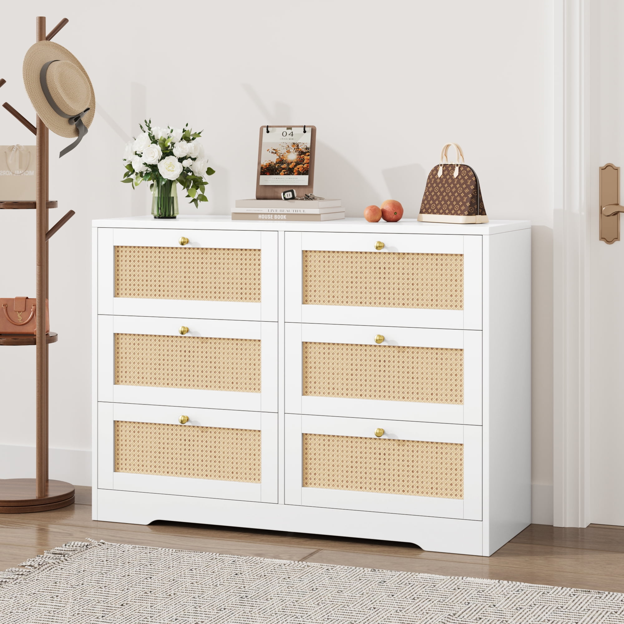 Homfa 6 Drawers Rattan Dresser for Bedroom, White Horizontal Double ...