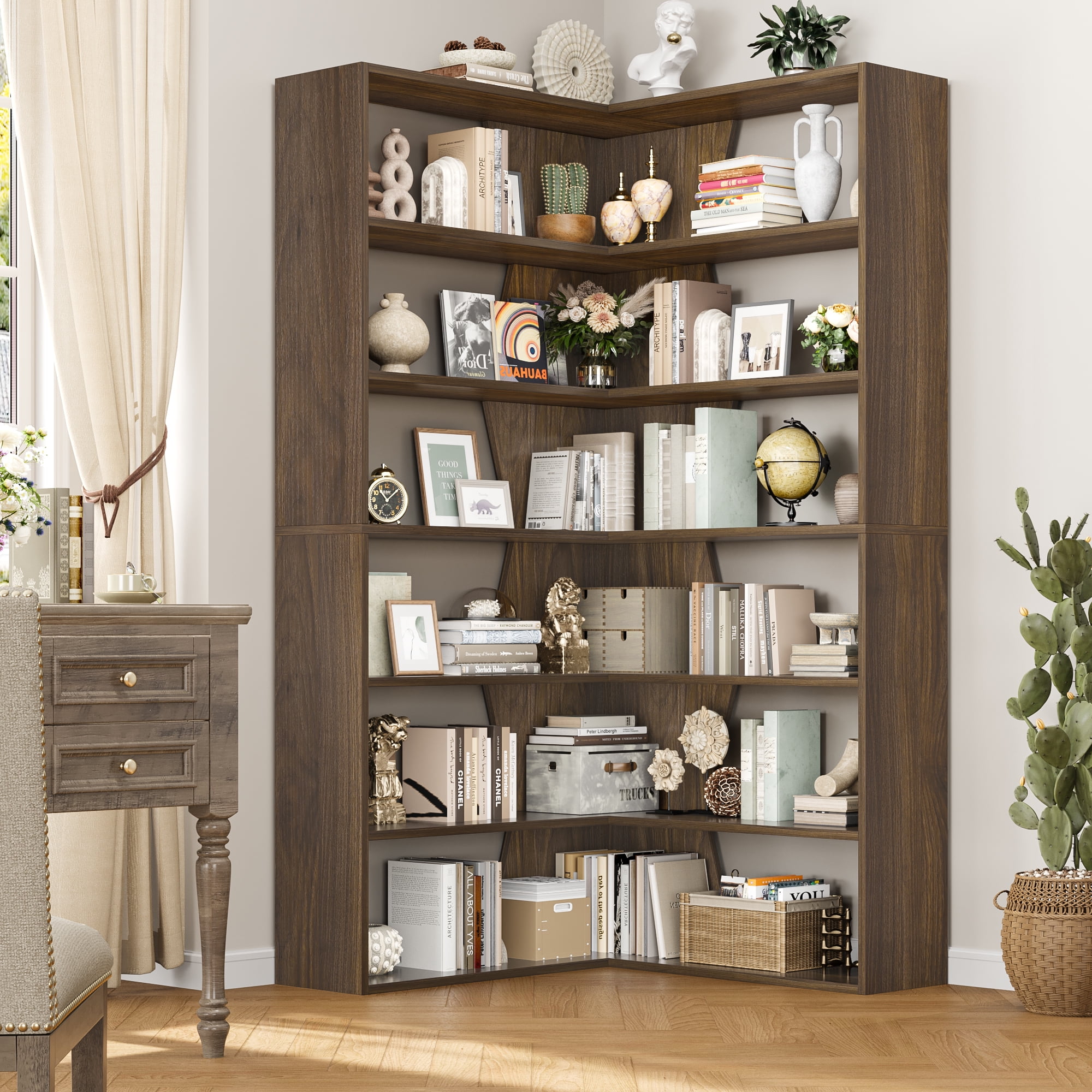 Homfa 6-Tier Corner Bookcase, L-Shaped Bookshelf with Baffle, Storage ...