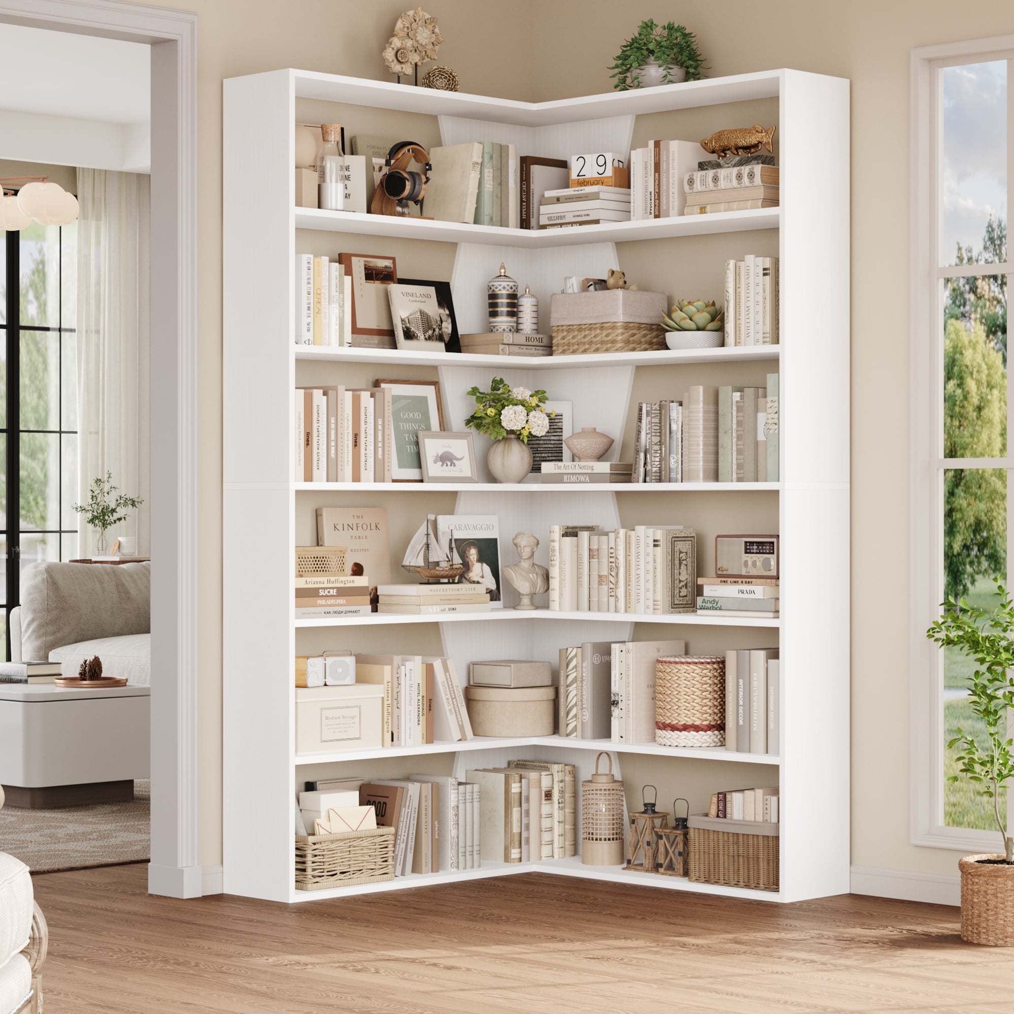 Homfa 6-Tier Corner Bookcase, L-Shaped Bookshelf with Baffle, Storage ...