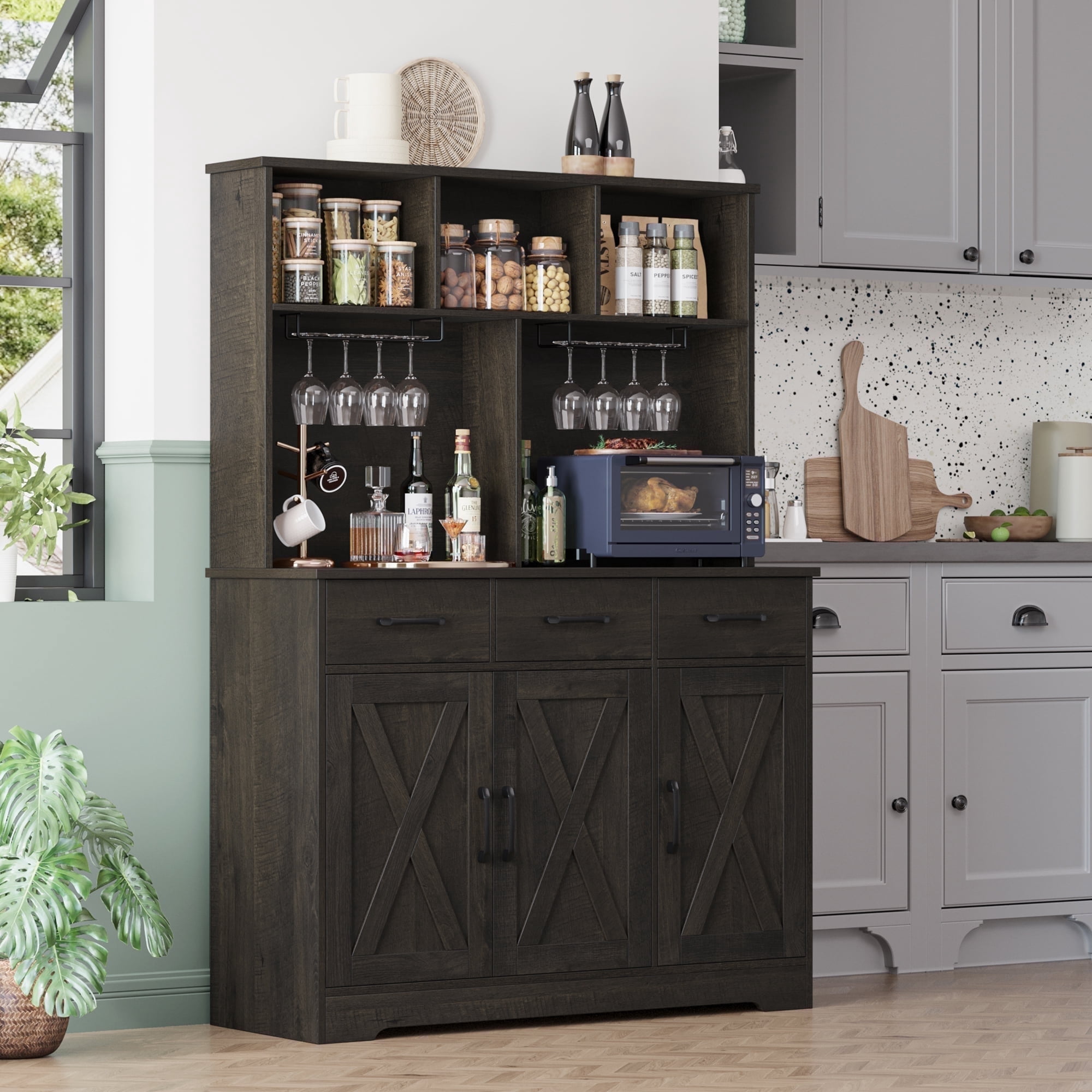 Homfa 60” Tall Kitchen Pantry with Hutch, 3 Drawers Coffee Bar with 3 ...