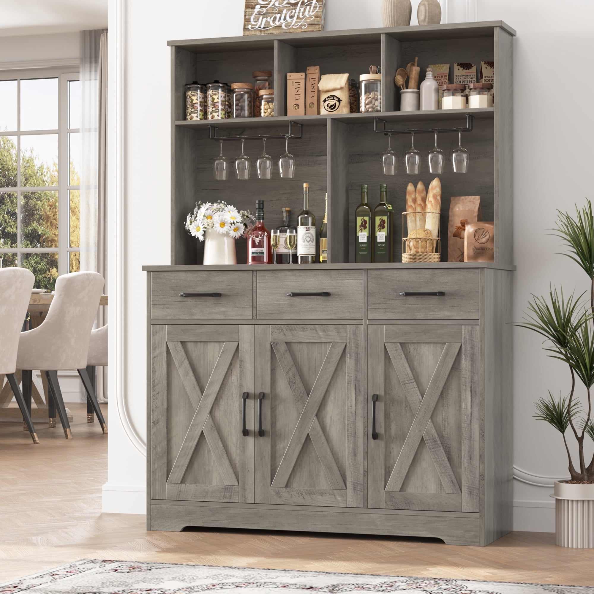 Homfa 60” Tall Kitchen Pantry with Hutch, 3 Drawers Coffee Bar with 3 ...