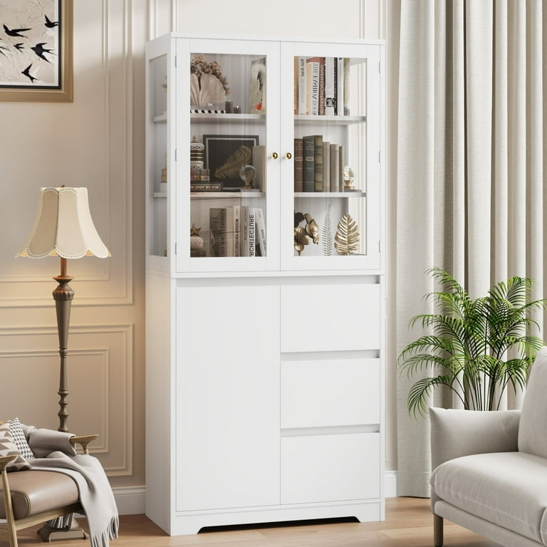 Homfa Modern Glass Door Display Bookshelf with Adjustable Shelf Freestanding Pantry Storage Cabinet with 3 Drawer for Living Room Kitchen Office White Walmart