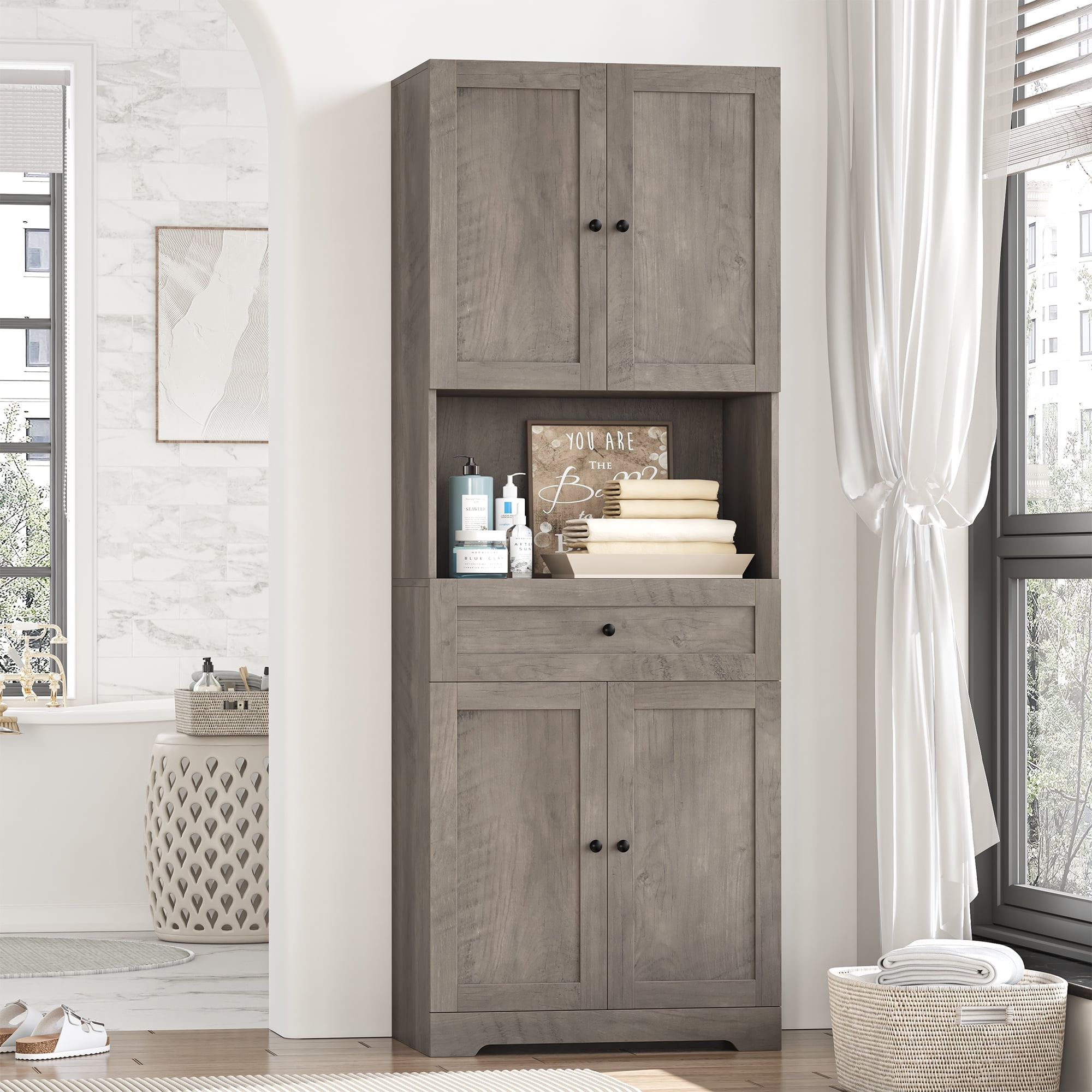 "Homfa 67.5"" Gray Wood Tall Bathroom Storage Cabinet with Drawer and 4 ...