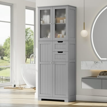 Homfa 4 Doors Bathroom Cabinet, 3-Tier Wood Tall Linen Storage Cabinet ...