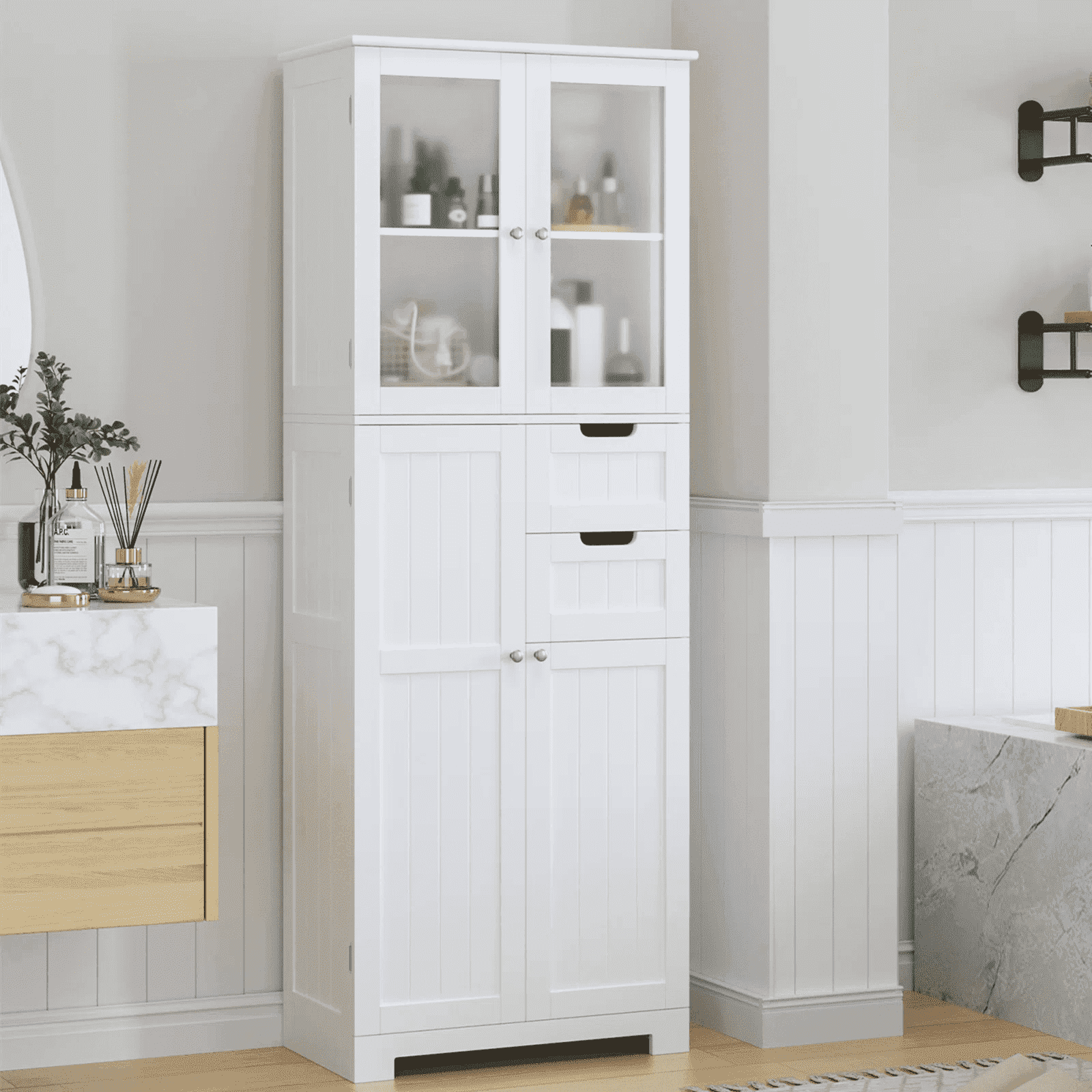 "Homfa 67"" Tall Bathroom Cabinet, White Linen, Doors, Removable ...