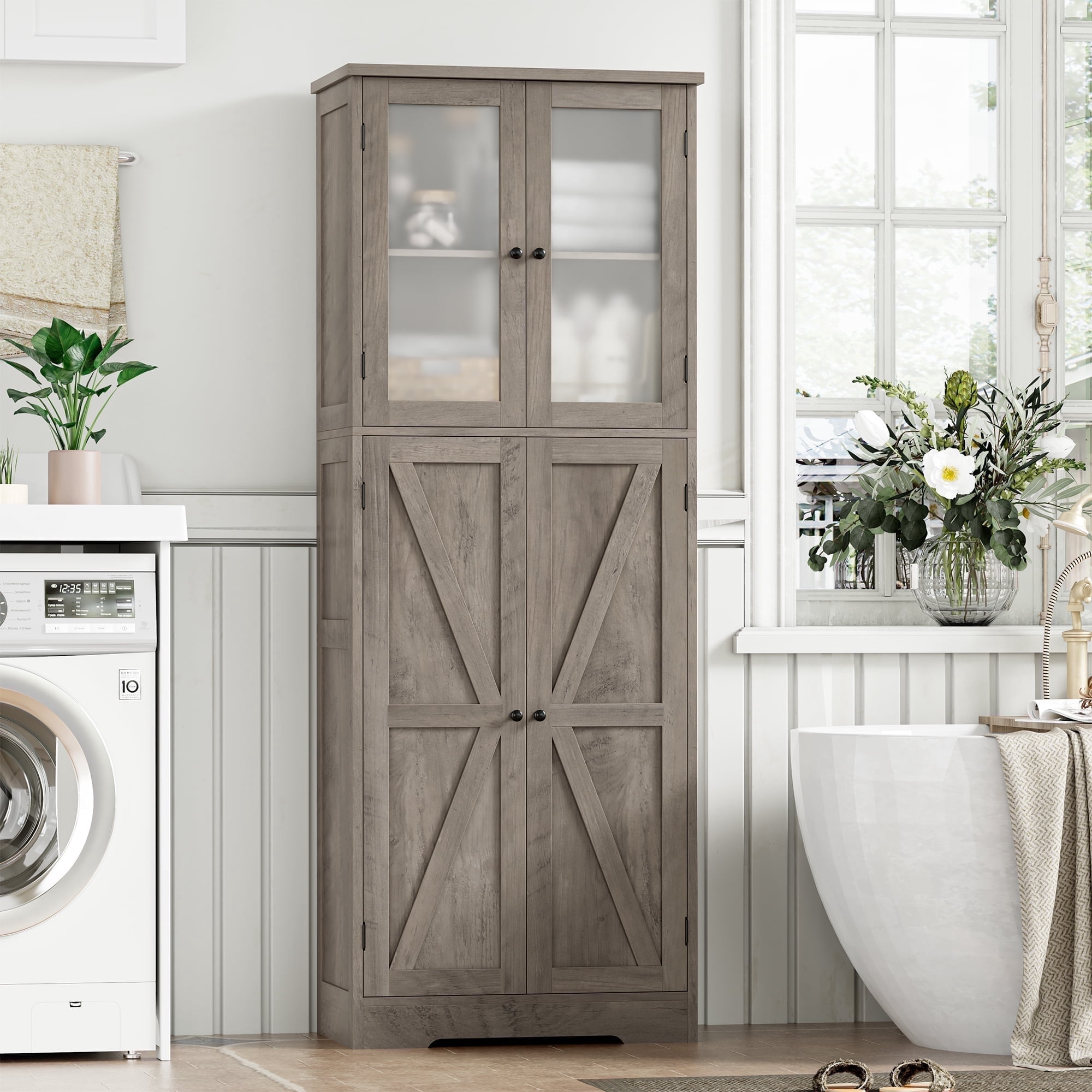 Homfa 67" Tall Gray Bathroom Storage Cabinet with Glass Doors ...