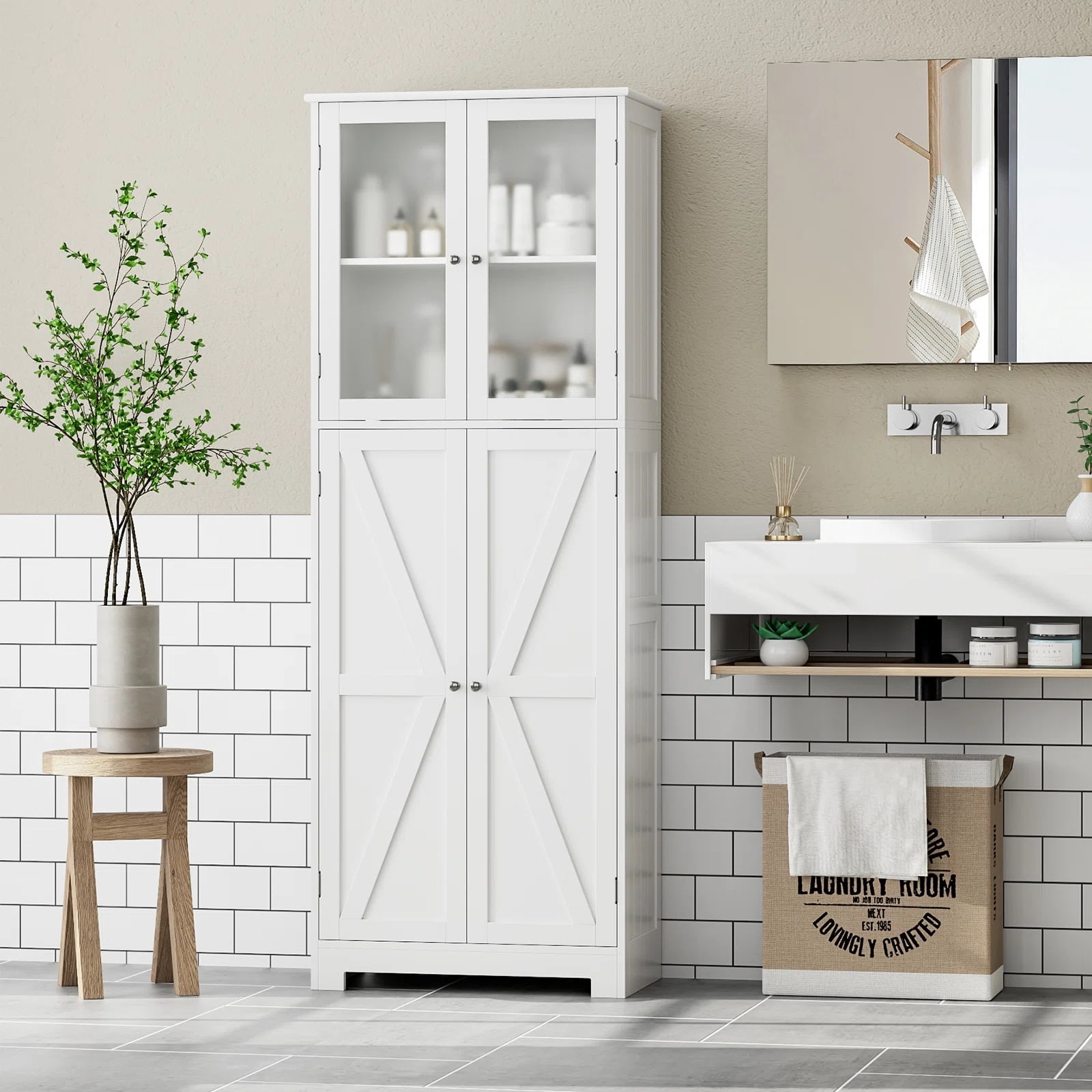 Homfa 67" Tall White Bathroom Storage Cabinet with Glass Doors ...