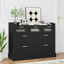 Homfa 5 Drawer Black Dresser for Bedroom, Glass Panel Wood Storage ...