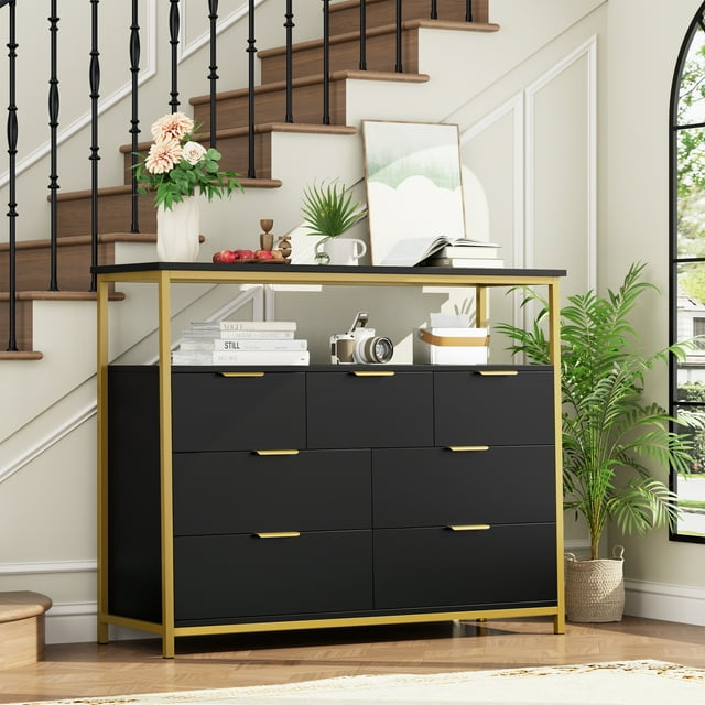 Homfa Wooden 7 Drawer Double Dresser, 2 Tier Display Shelves, Black ...