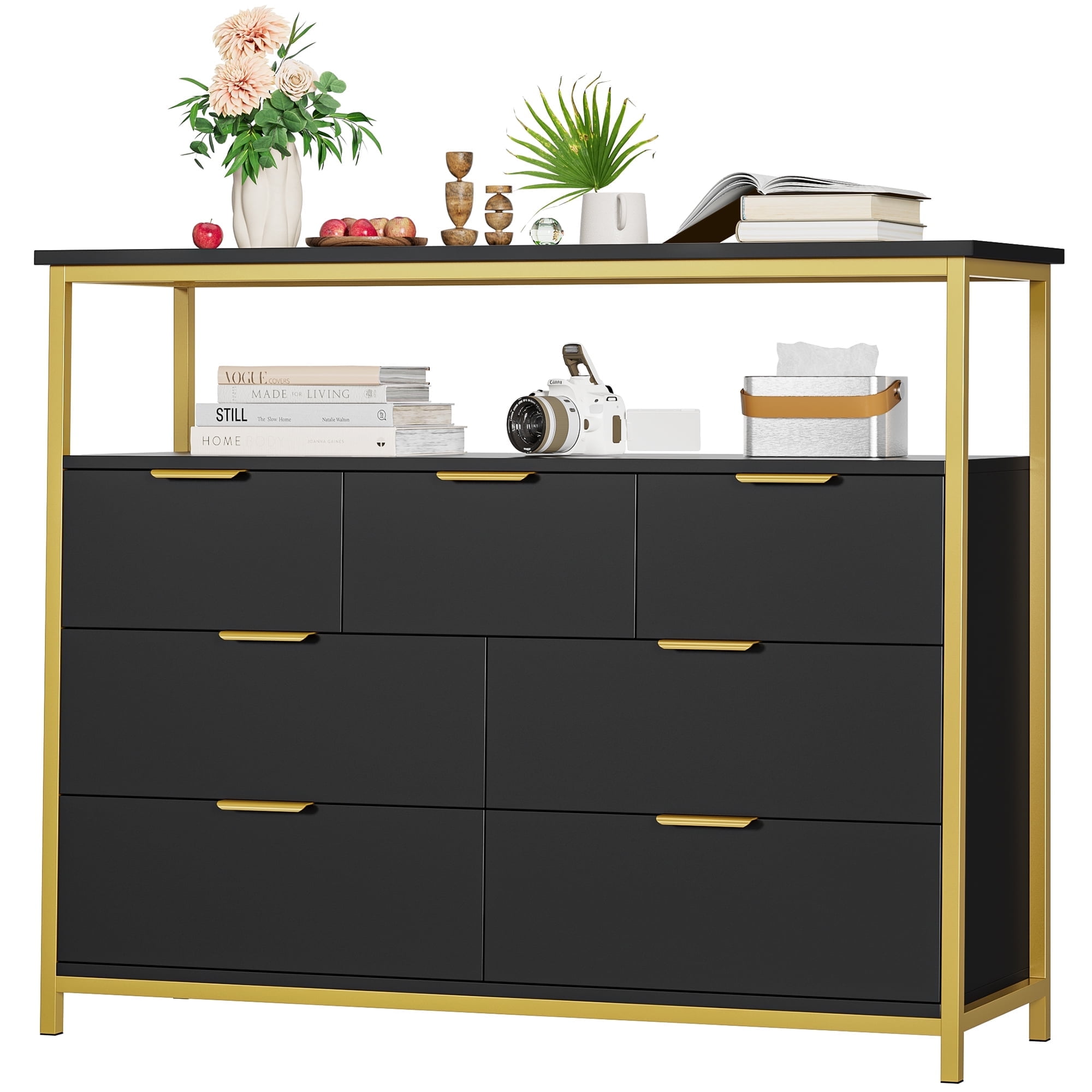 Homfa Wooden 7 Drawer Double Dresser, 2 Tier Display Shelves, Black ...