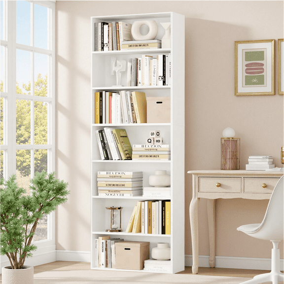 6-Tier Freestanding Open Bookcase, White Tall Bookshelf with Display ...