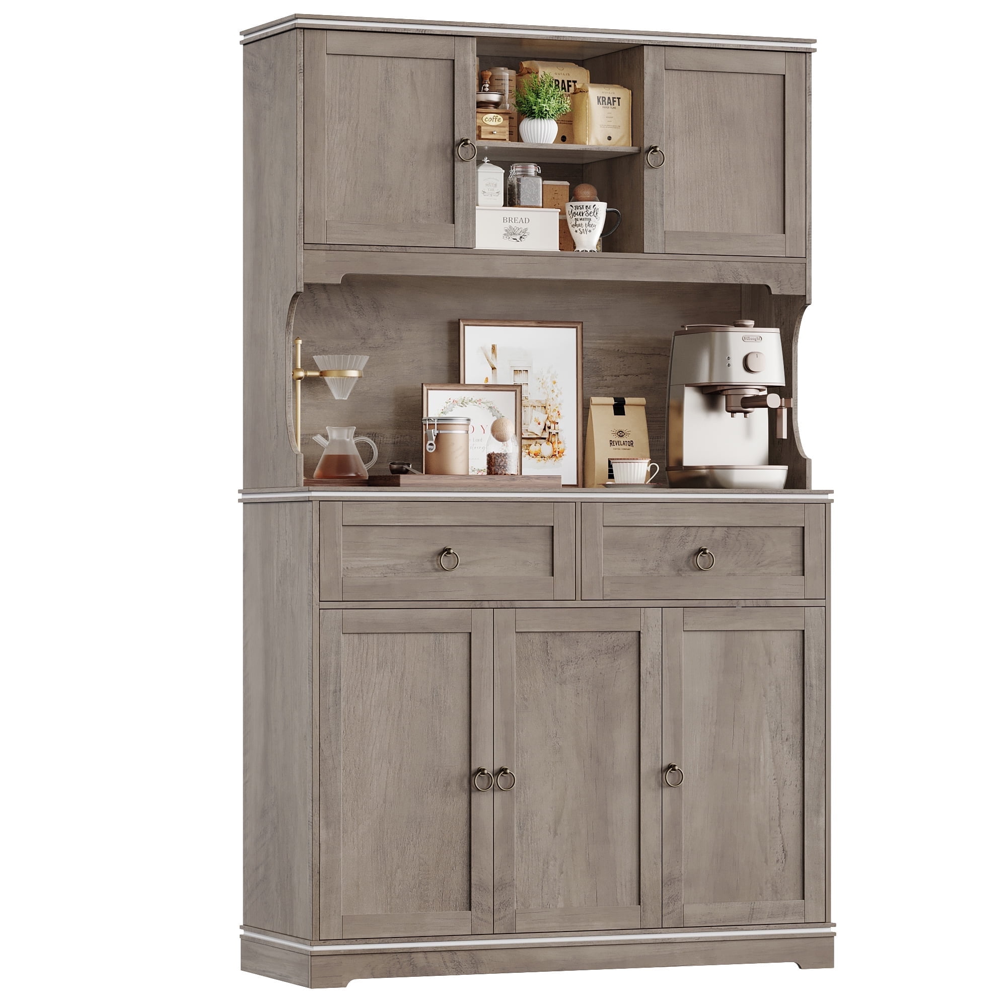 Homfa 70.8”H Pantry Cabinet with Hutch and Adjustable Shelf, 5 Door 2 ...
