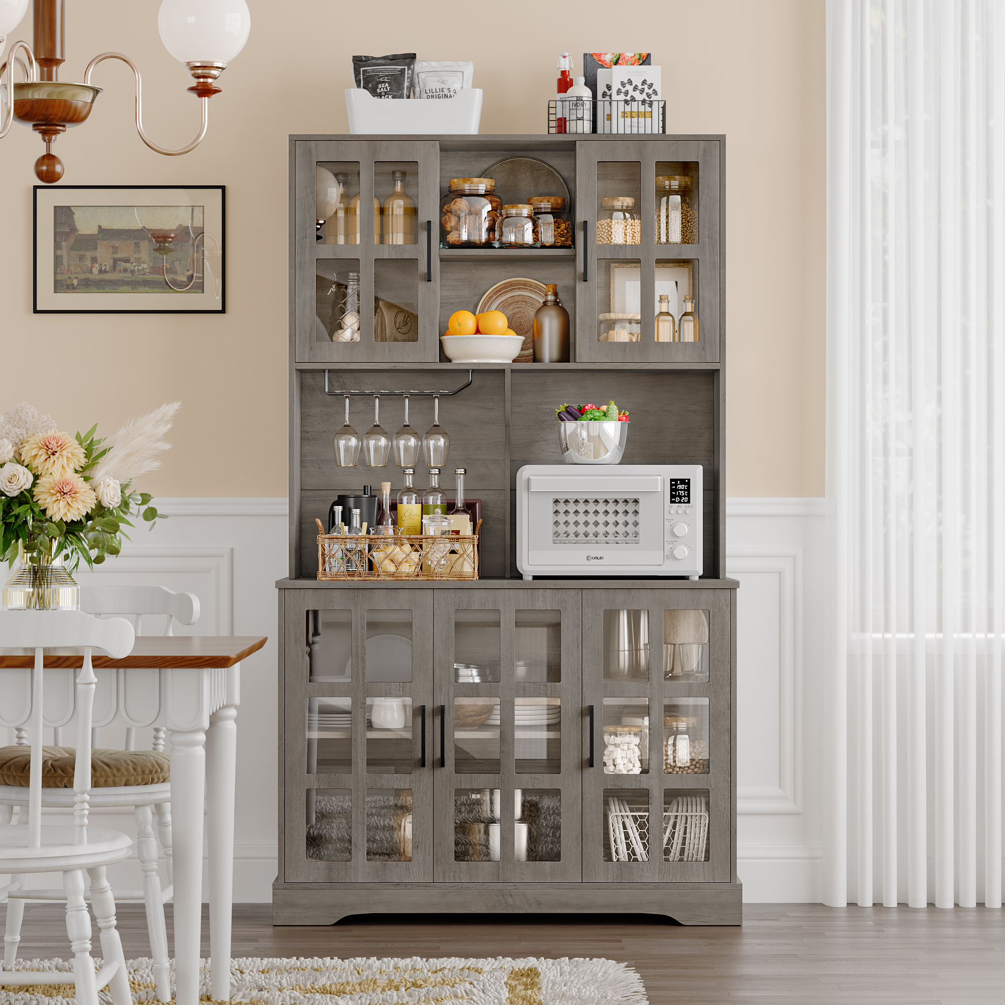 Homfa 70.9'' Kitchen Pantry Hutch, Wood Cabinet with Glass Door ...