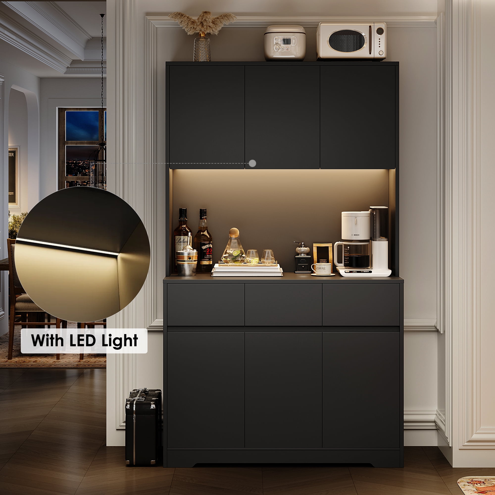Homfa 70.9'' Kitchen Pantry Hutch with Charge Station & Led Light, 3 ...