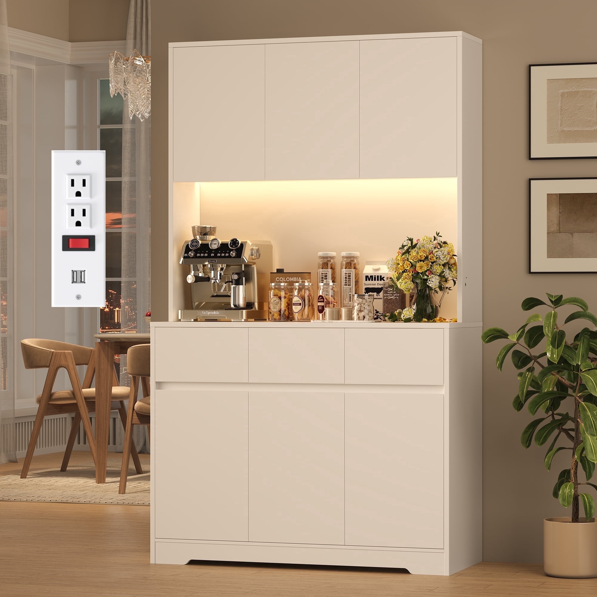 Homfa White Kitchen Pantry Cabinet with Charge Station LED Light ...