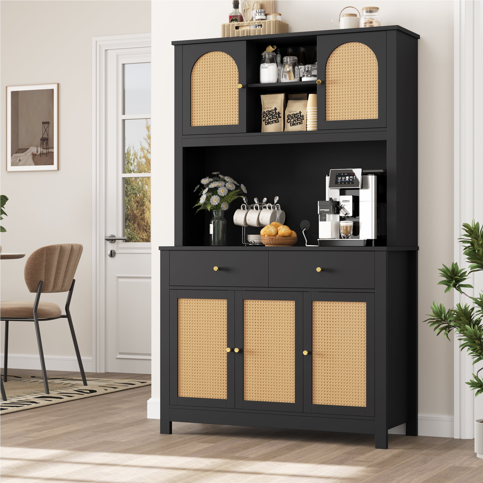Homfa 71'' Kitchen Buffet Cabinet with Hutch, Rattan Door Pantry ...