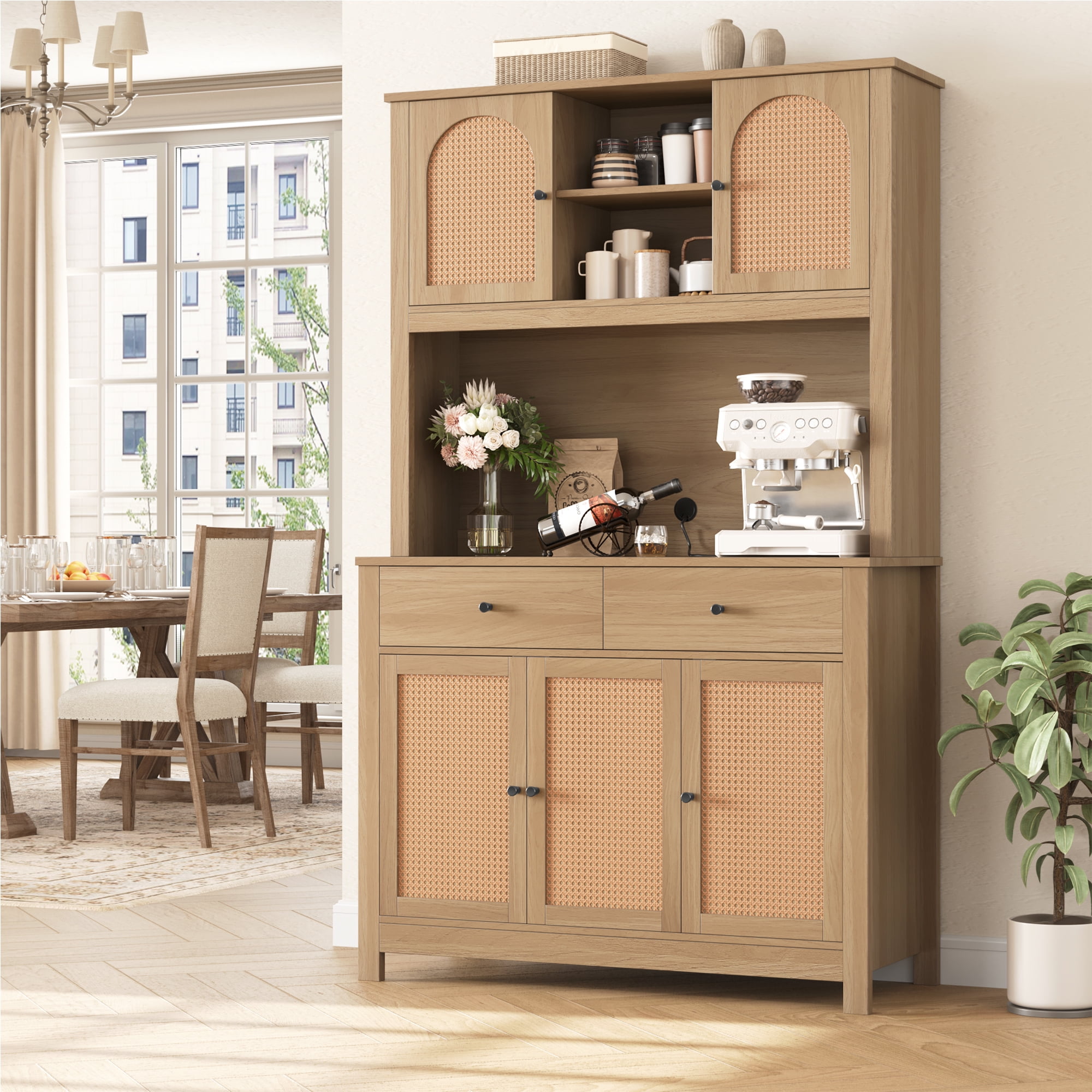 Homfa 71'' Kitchen Buffet Cabinet with Hutch, 2 Drawer Rattan Door ...