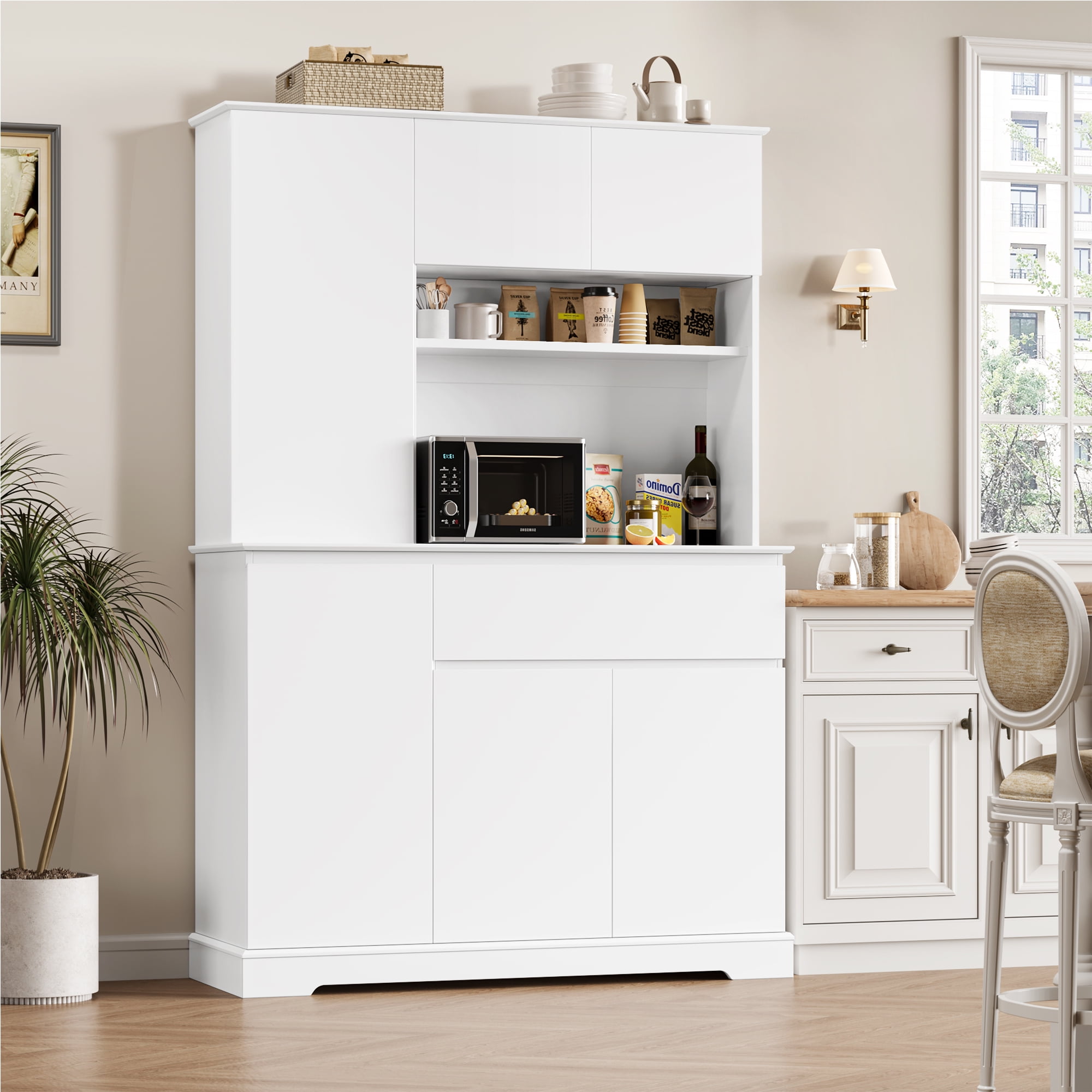 Homfa 71'' Kitchen Pantry Cabinet with Hutch, Wood 6 Door Buffet Storage Cabinet with Drawers ...