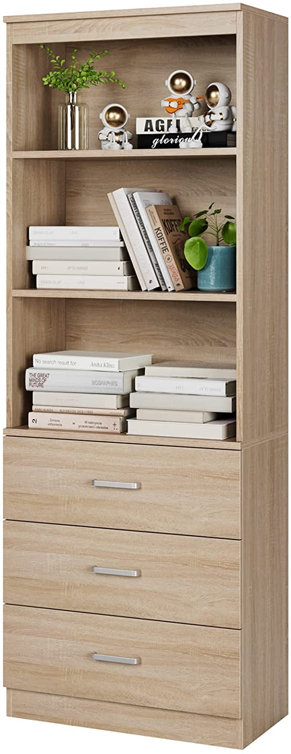 Homfa 71" Tall Bookcases with 3 Large Drawers, 3 Tier Wooden Storage ...