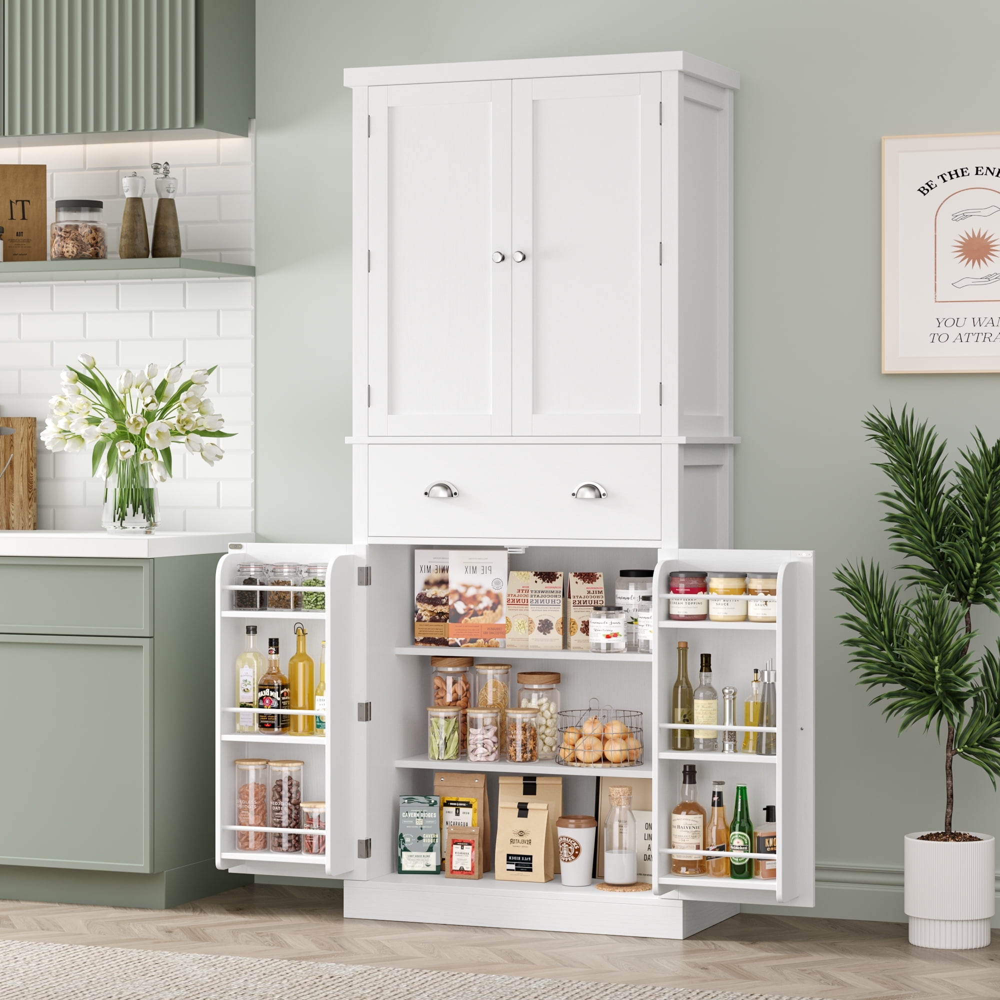 Homfa 71'' Tall Kitchen Pantry with Shelf & Drawer, 4 Door Pantry ...