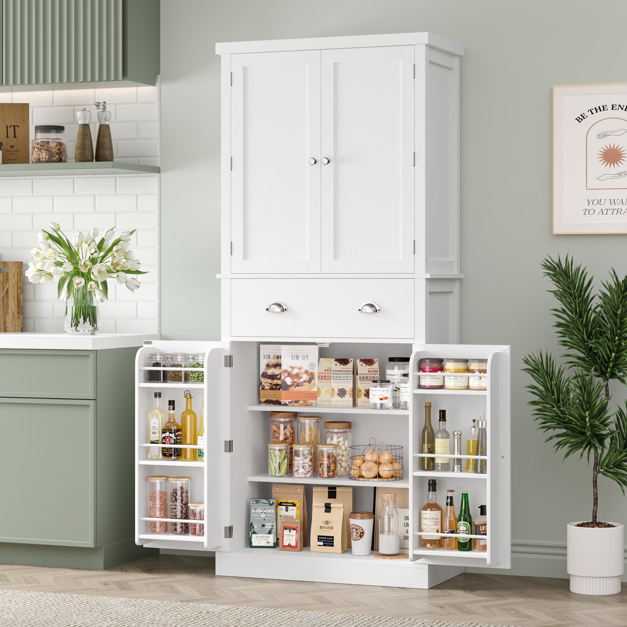 Homfa 71'' Tall Kitchen Pantry with Shelf & Drawer, 4 Door Pantry ...