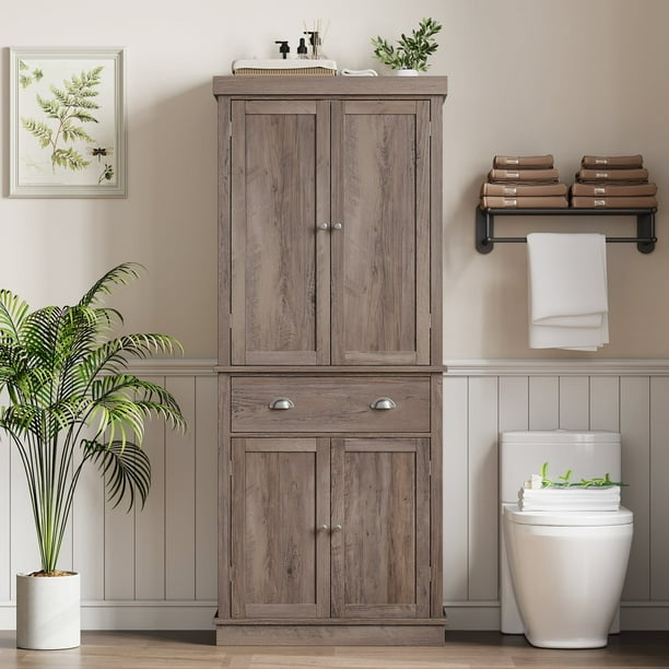 Homfa 72.4 inch Tall Bathroom Storage Cabinet with Drawer 4 Door Modern Farmhouse Freestanding Floor Cabinet Gray Brown