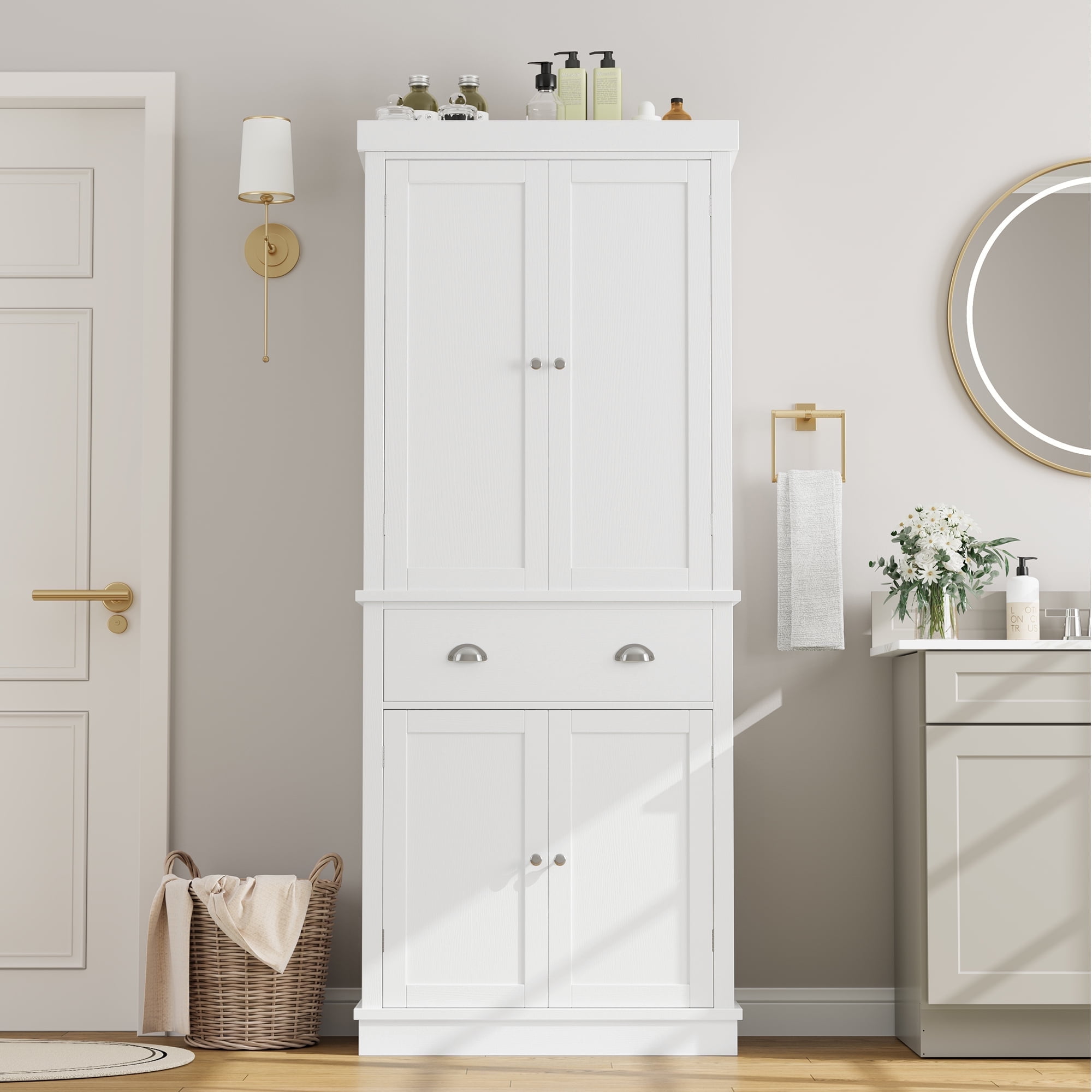 "Homfa 72.4"" White Cabinet, Bathroom Linen Tower, Drawer & 4 Doors ...