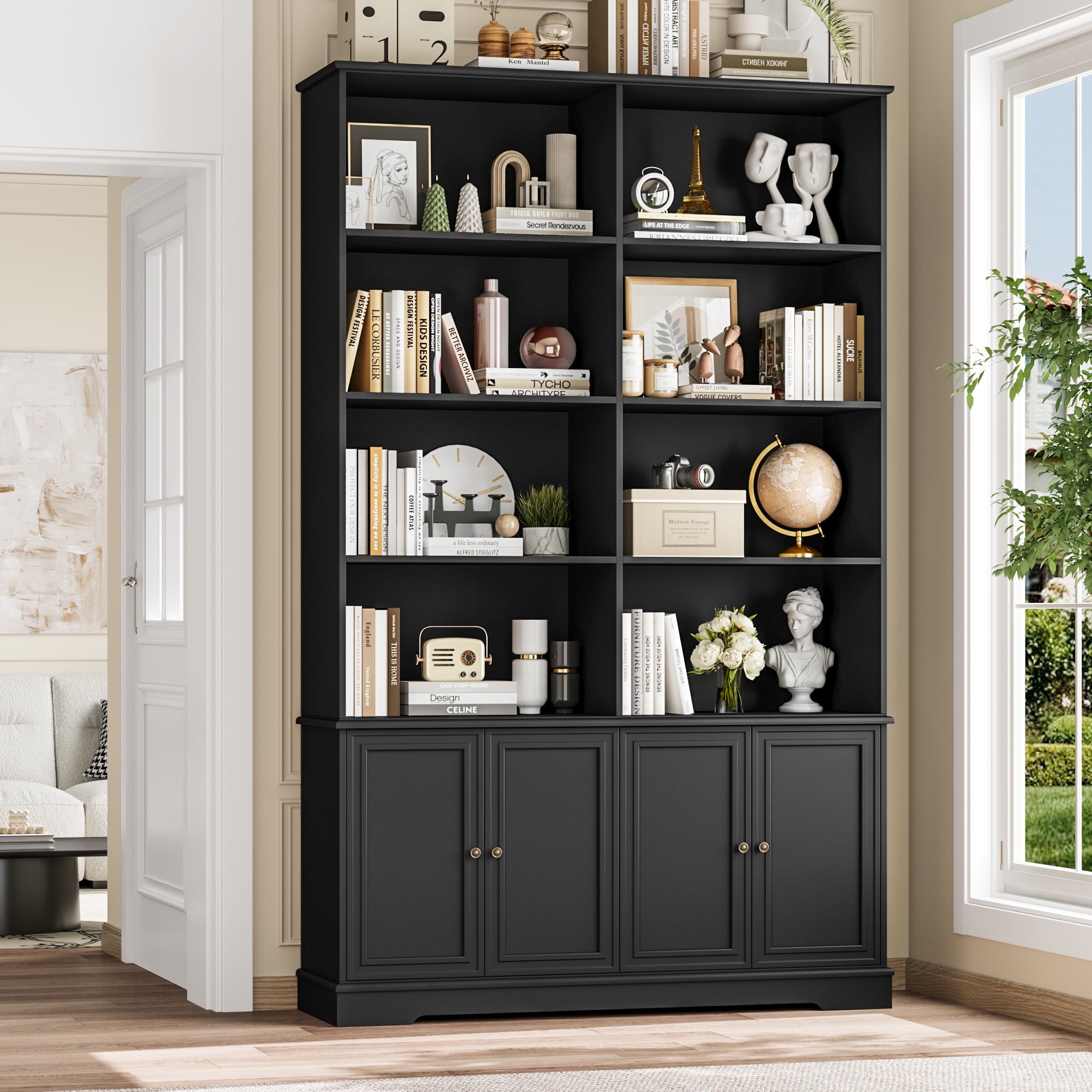 Homfa 73'' Bookcase and Bookshelves with Doors, Double Wide Wood Display Bookshelves for Living ...