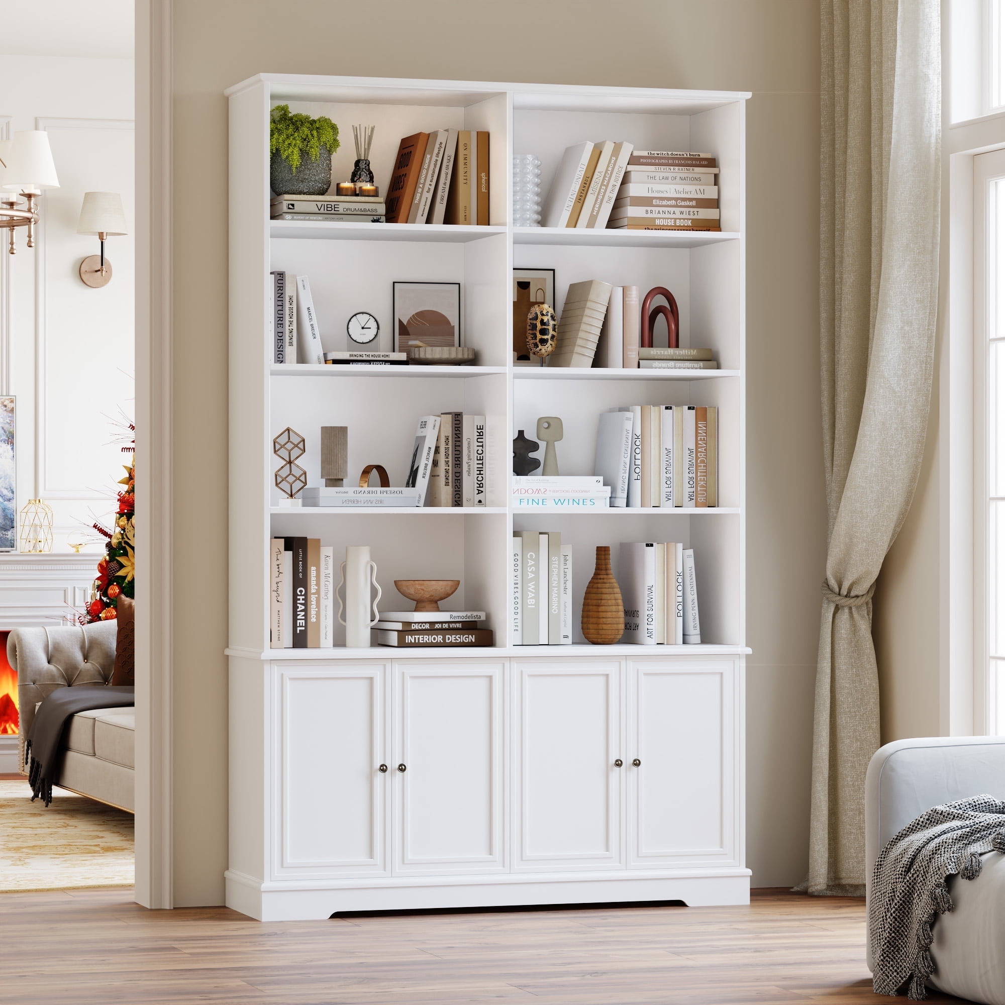 Homfa 73'' Bookcase and Bookshelves with Doors, Double Wide Wood Display Bookshelves for Living ...