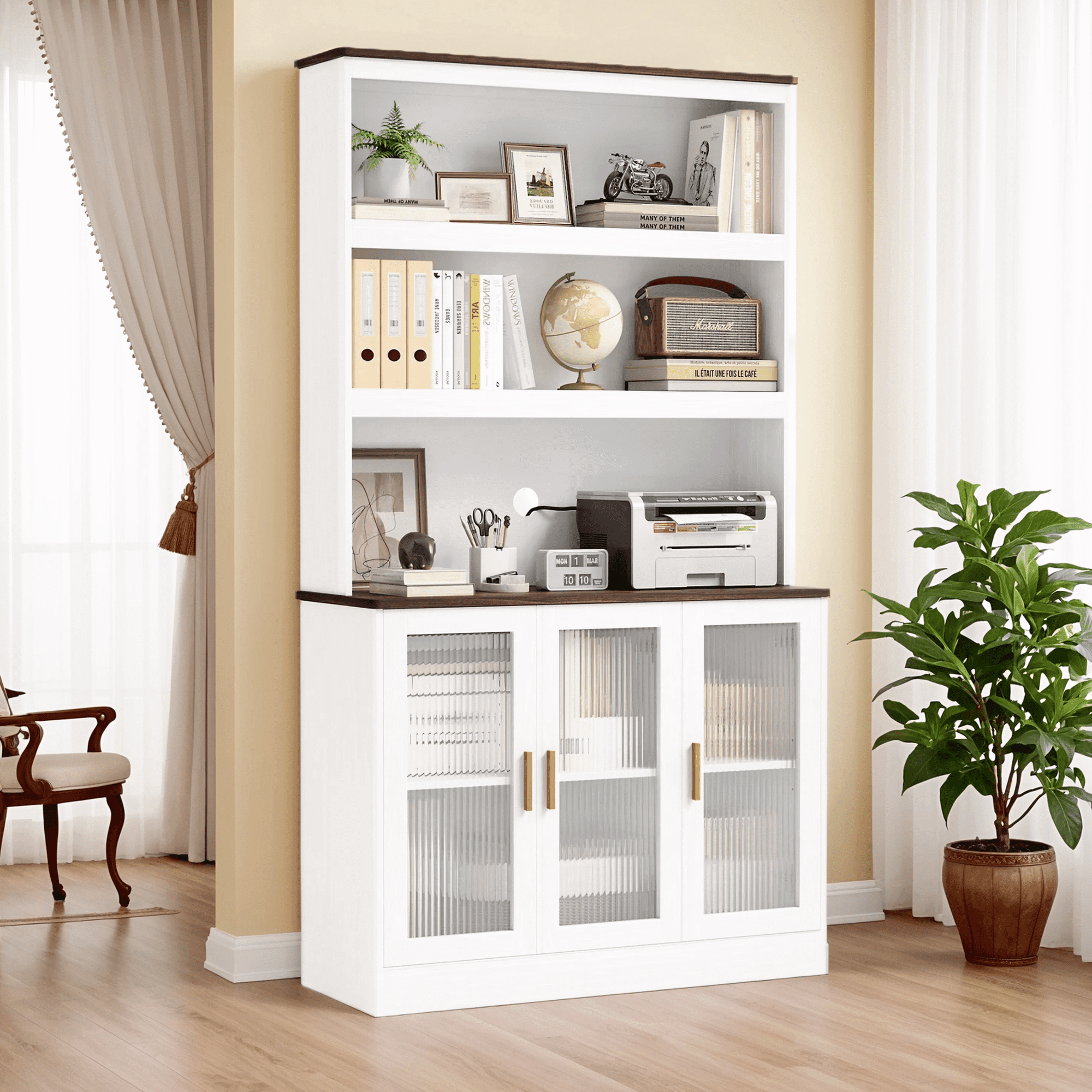Homfa 73" Tall Bookcase with Door, 5-tier Bookshelf with Counter Top ...